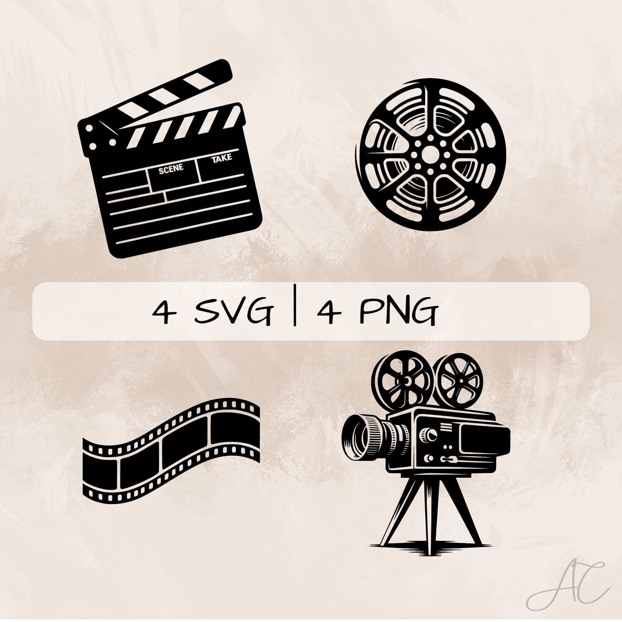 Film SVG Bundle, Film Reel PNG, Clapperboard Clipart, Hand Drawn Film ...