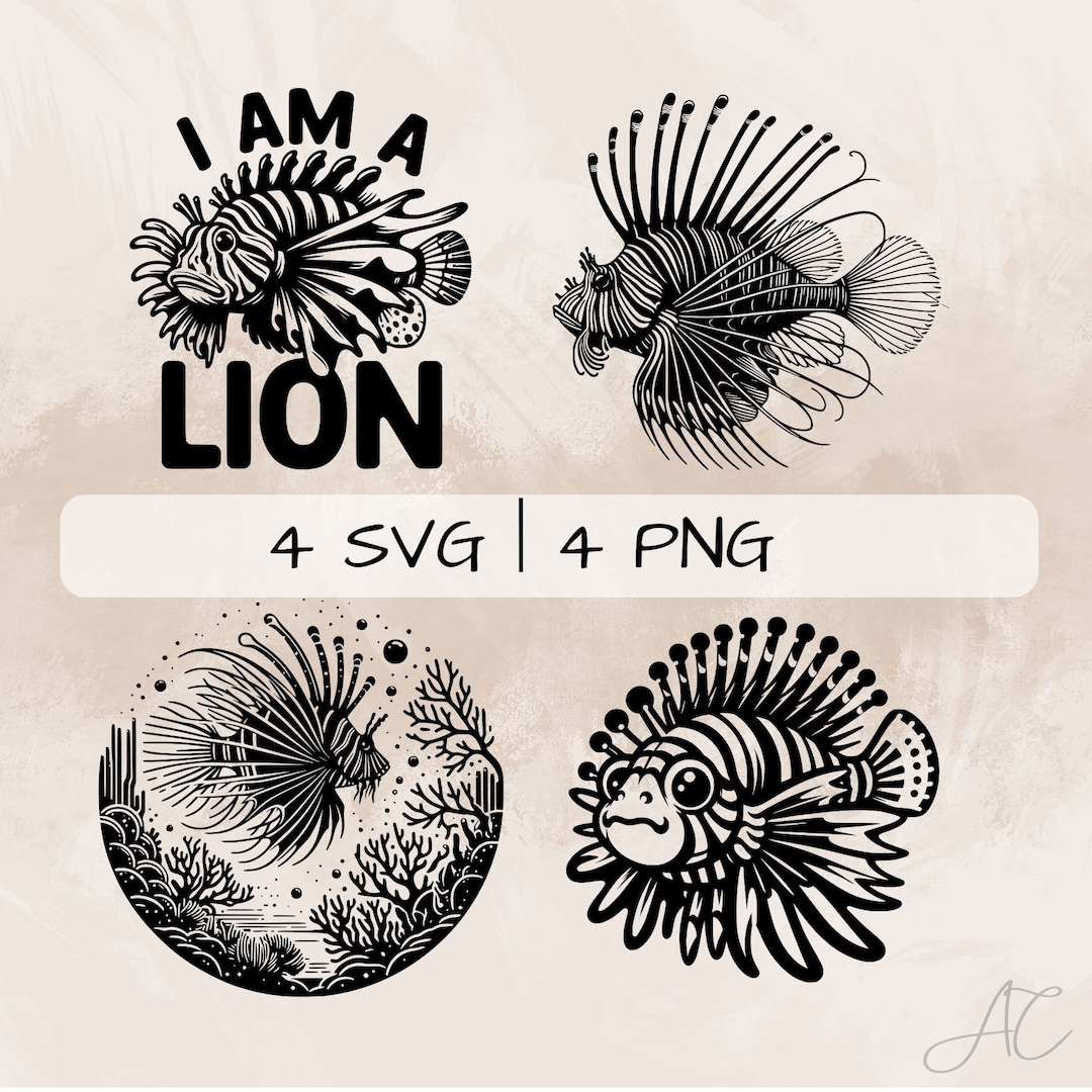Lionfish SVG Bundle, Cute Lionfish PNG, Lionfish in Sea Clipart, Hand ...