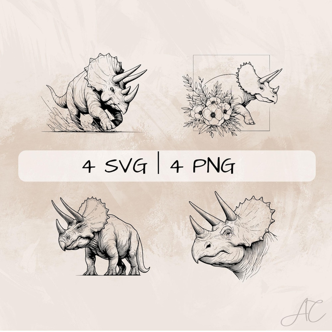 Triceratops SVG Bundle, Dinosaur PNG ,triceratops Clipart, Hand Drawn ...