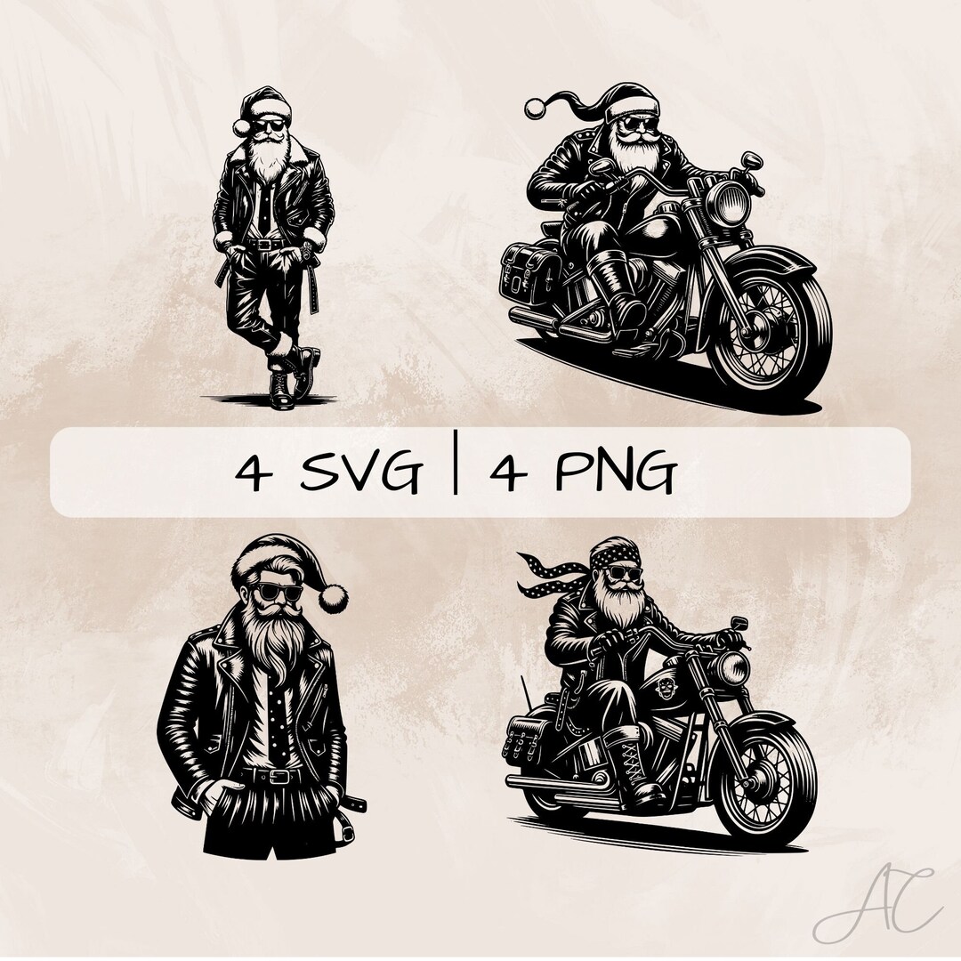 Biker Santa SVG Bundle, Cool Santa PNG, Santa Claus Clipart, Hand Drawn ...