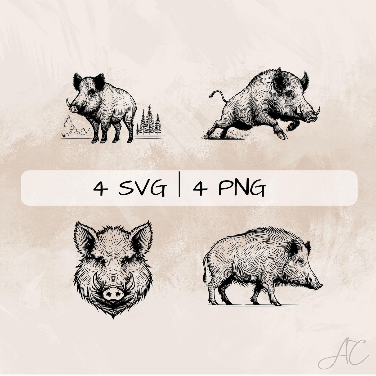 Delicate Wild Boar SVG Bundle, Wild Boar Line Art PNG, Floral Wild Boar ...