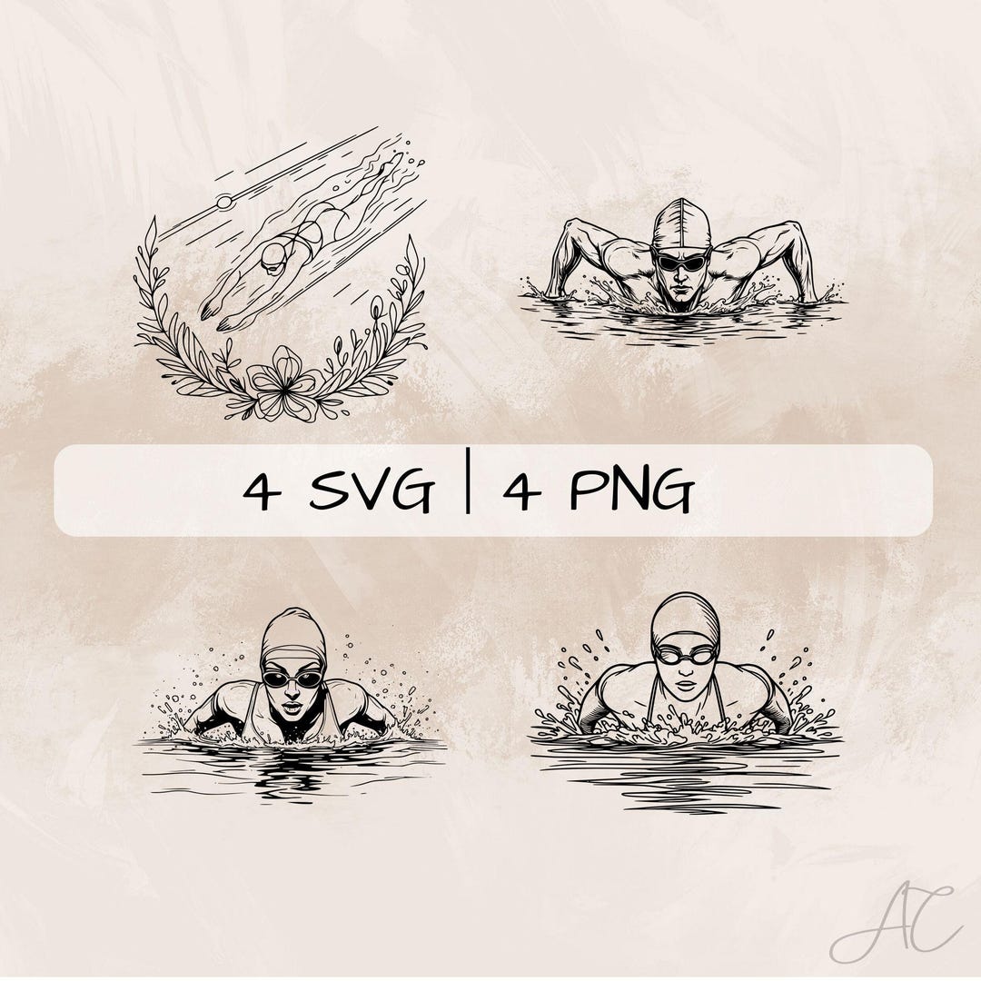 Swimming SVG Bundle, Swimmer PNG , Woman Swimming Clipart, Hand Drawn ...