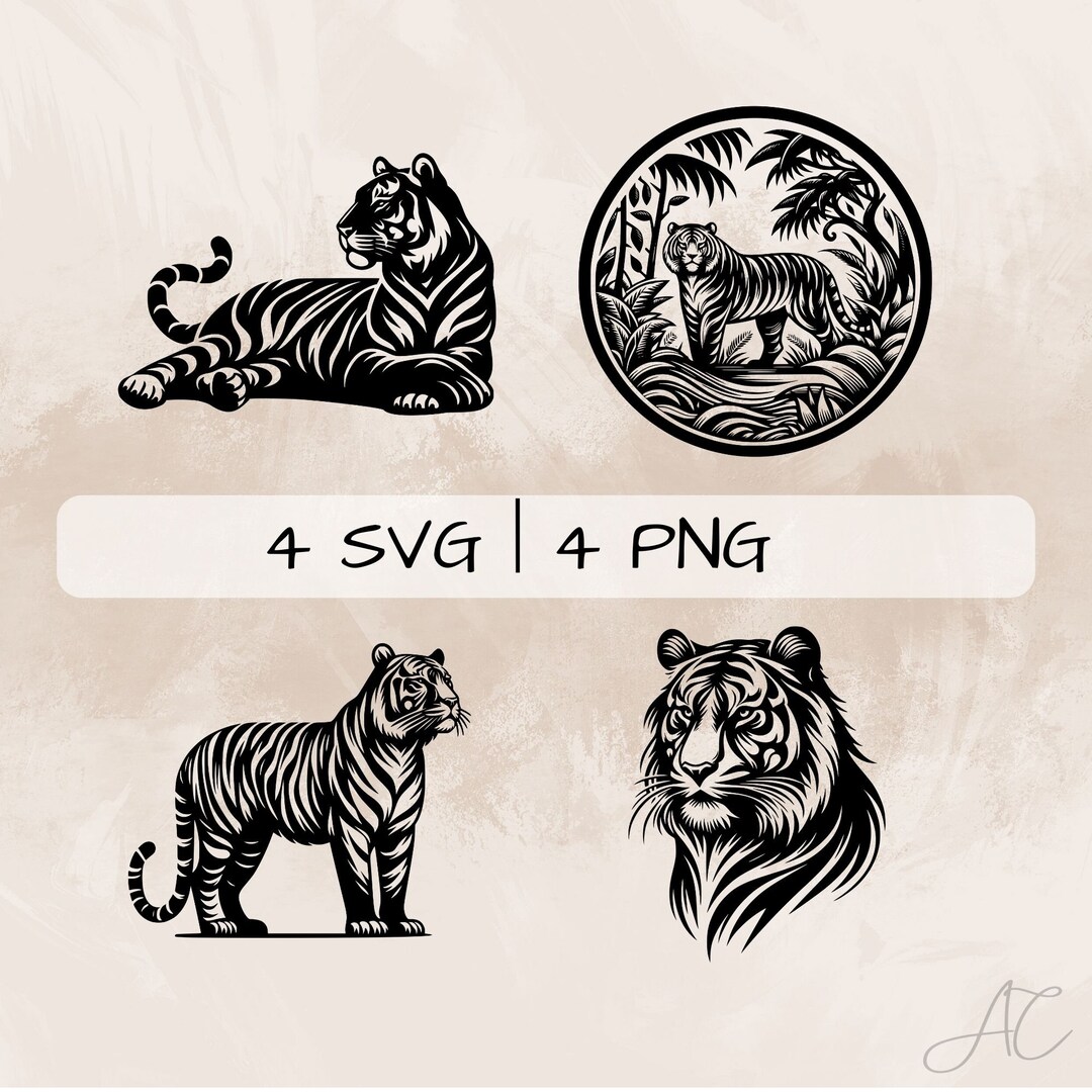 Tiger SVG Bundle, Tiger in Forest PNG, Tiger Head Clipart, Hand Drawn ...