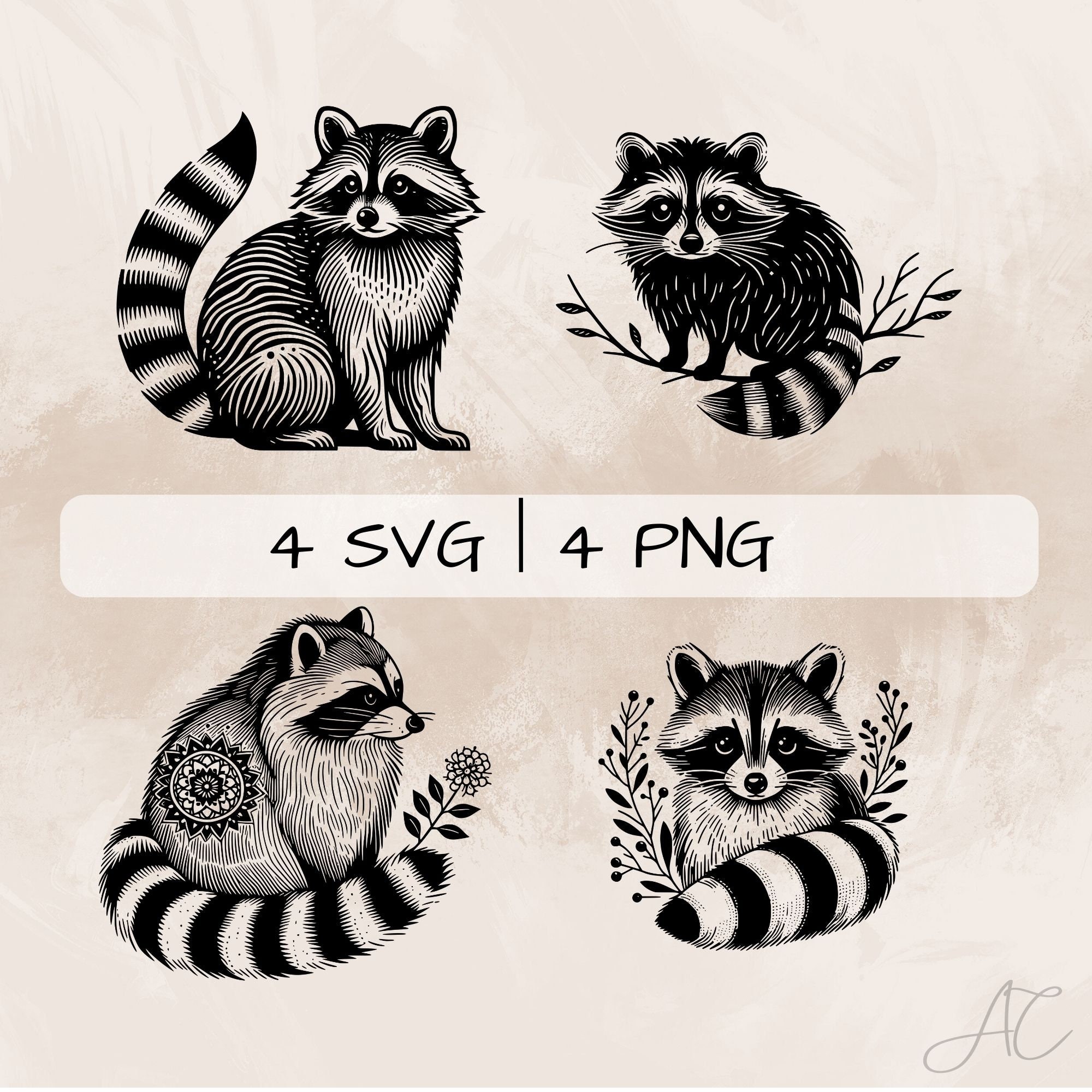 Racoon SVG Bundle, Cute Racoon PNG, Racoon and Flower Clipart, Hand ...