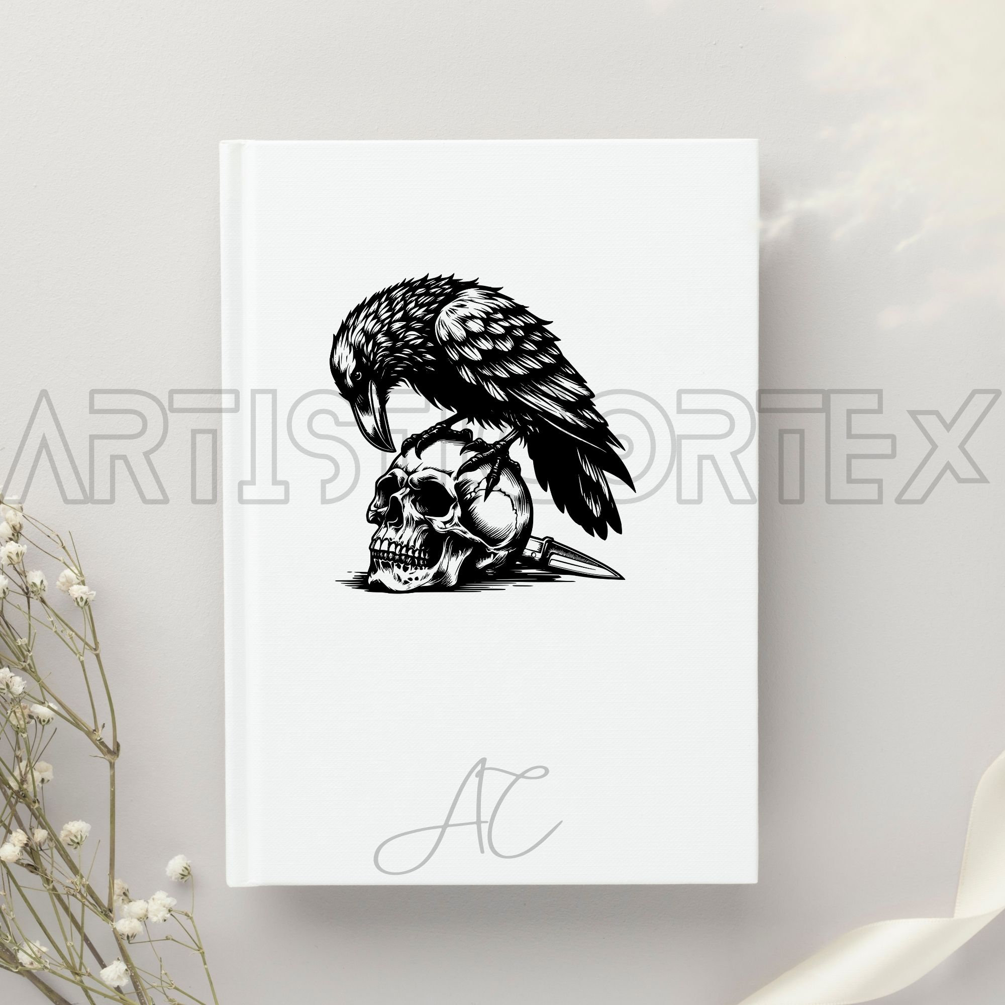 Raven SVG Bundle, Raven and Skull PNG, Floral Raven Clipart, Hand Drawn ...
