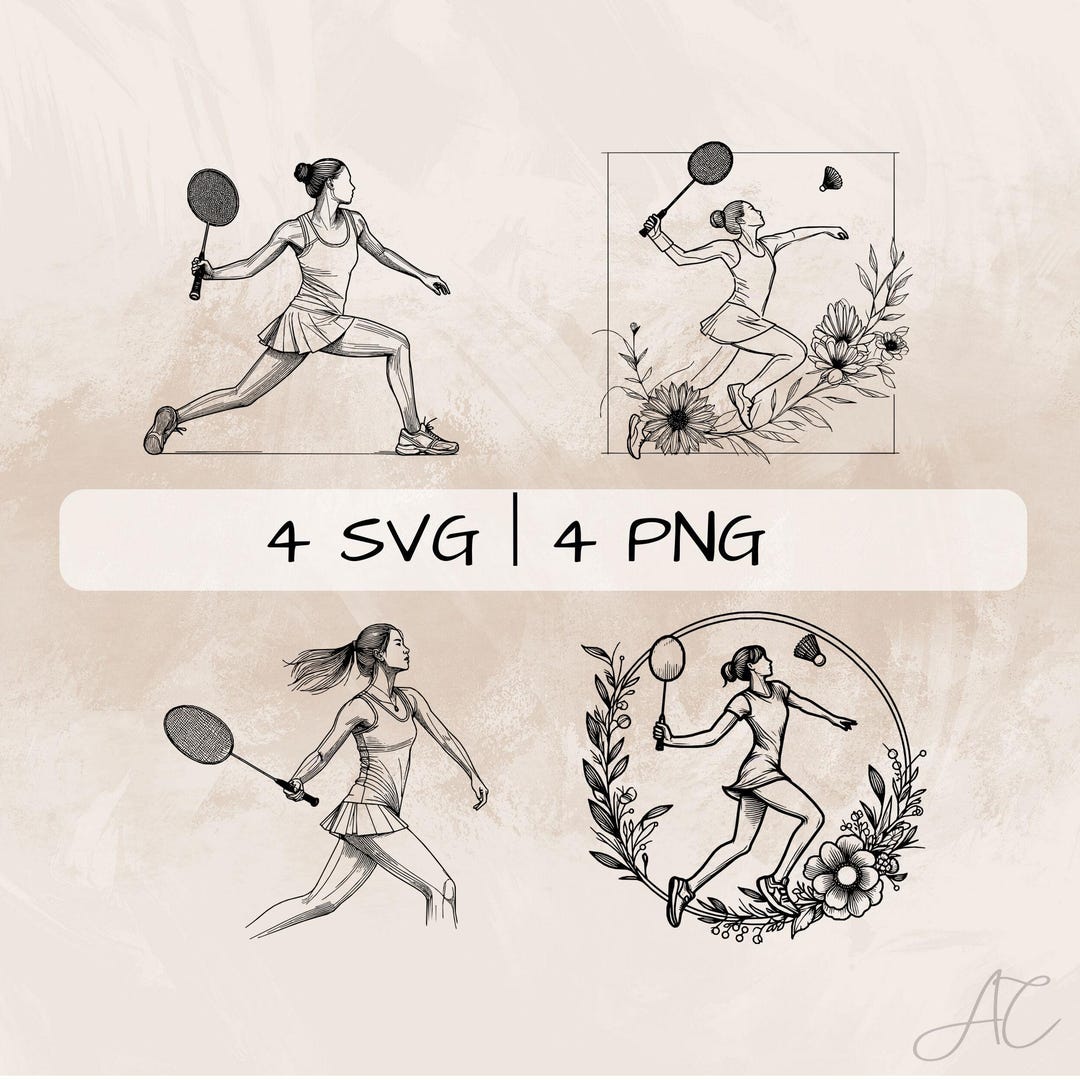 Delicate Badminton SVG Bundle, Badminton Girl Line Art PNG, Badminton ...