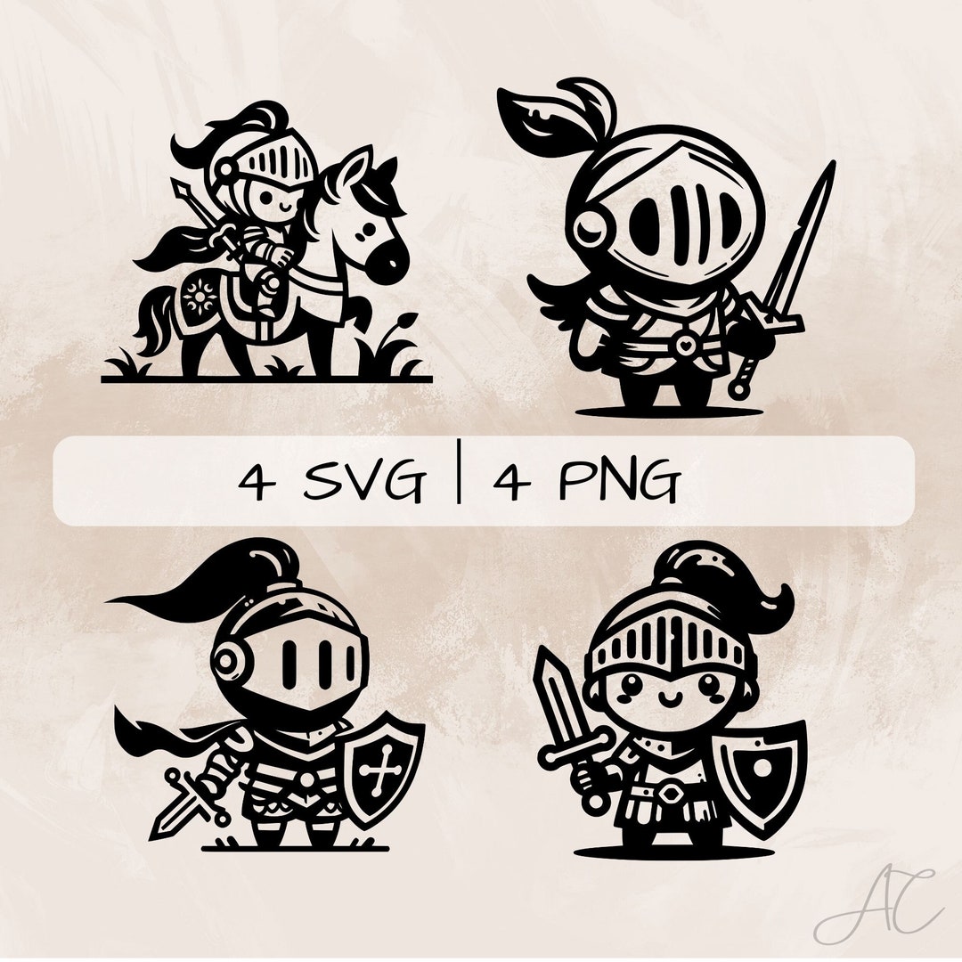 Cute Knight SVG & PNG Bundle, Knight PNG, Knight on Horse Clipart, Hand ...