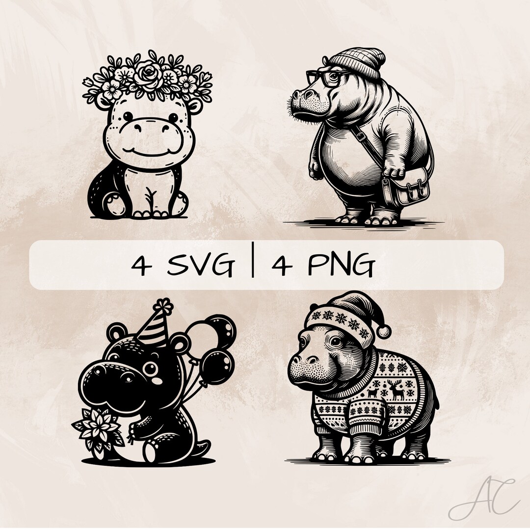 Hippopotamus SVG Bundle, Birthday Hippo PNG, Floral Hippo Clipart, Hand ...