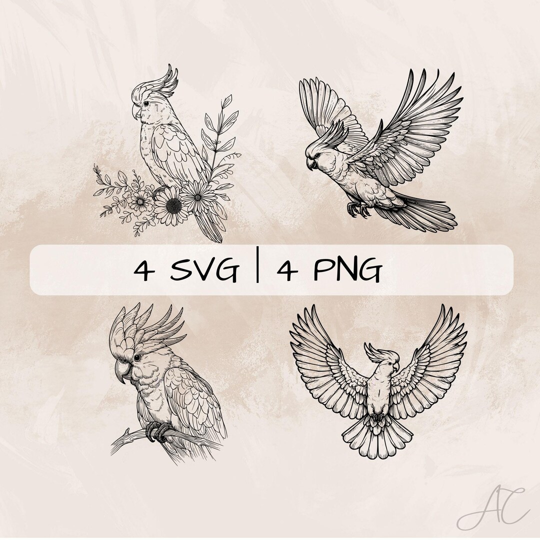 Delicate Cockatoo SVG Bundle, Cockatoo Line Art PNG, Floral Cockatoo ...