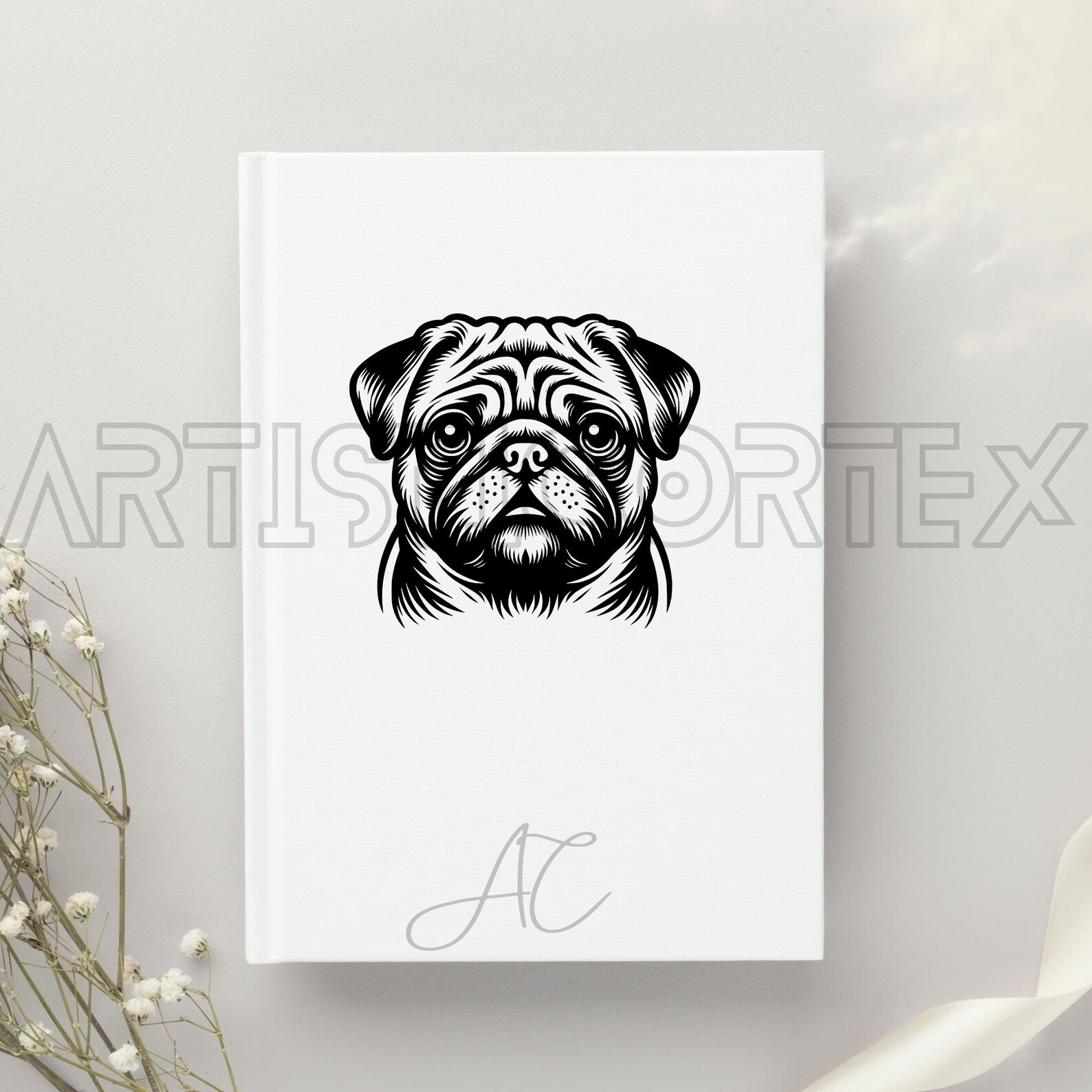 Pug SVG, Pug Face PNG, Floral Pug Clipart, Hand Drawn Pug Pictures for ...