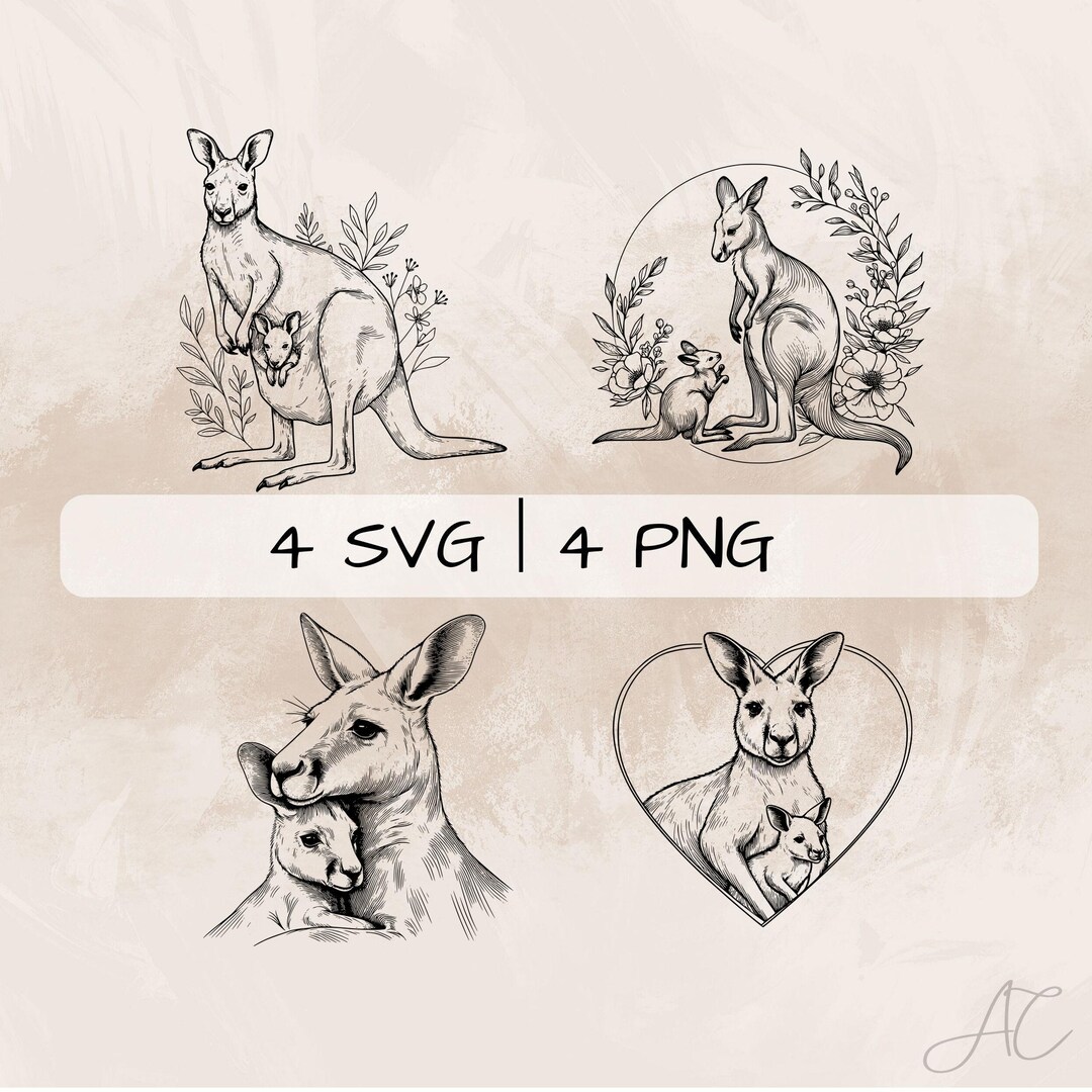 Kangaroo SVG Bundle, Joey PNG, Kangaroo Mother Clipart, Hand Drawn ...
