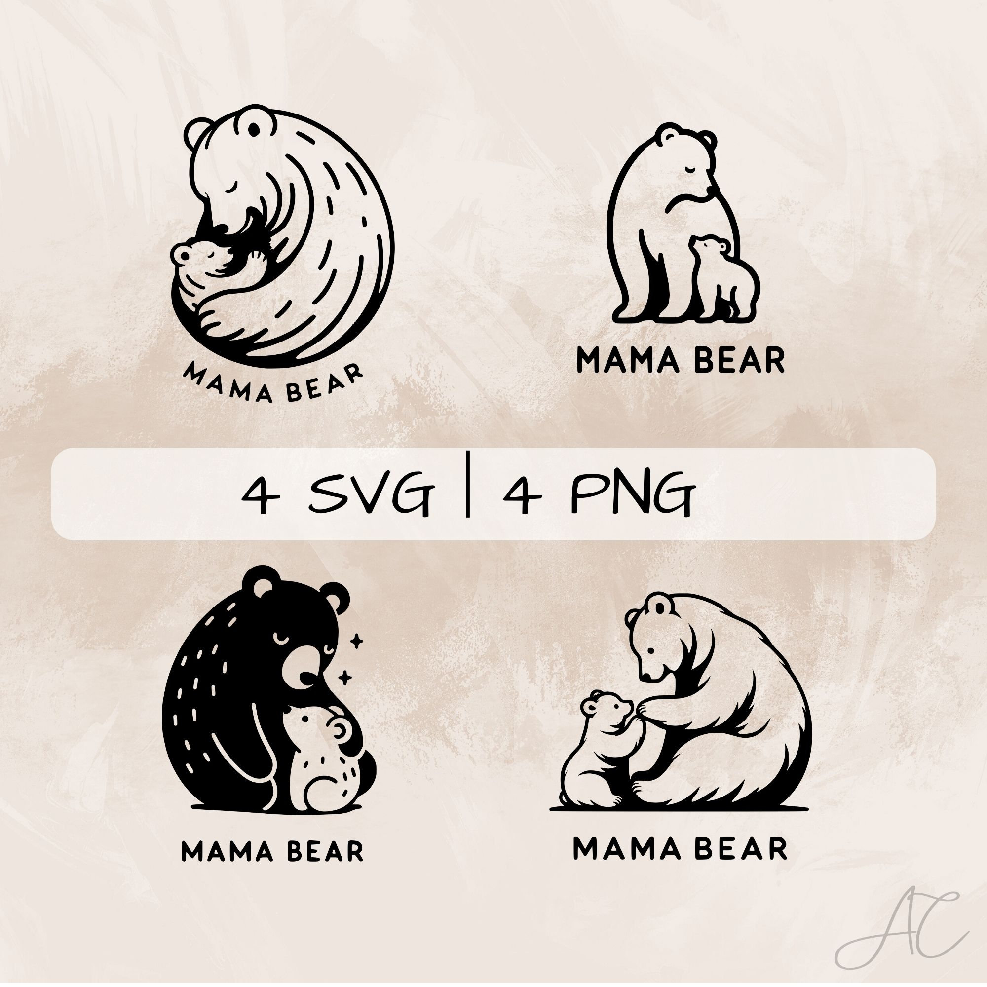 Mama Bear SVG Bundle, Mommy Bear PNG, Mom Clipart, Hand Drawn Mama Bear ...