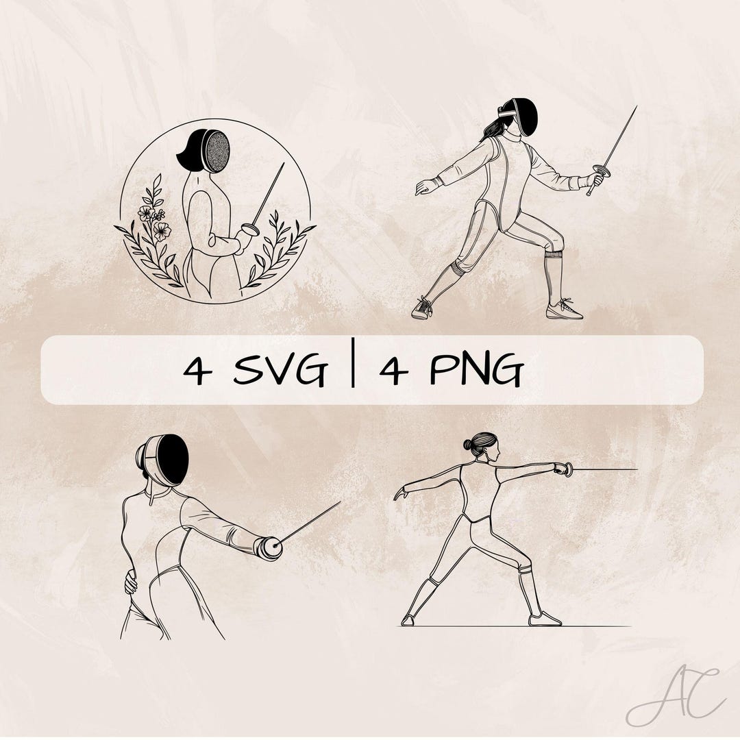 Delicate Fencing SVG Bundle, Fencing Line Art PNG, Woman Fencer Clipart ...