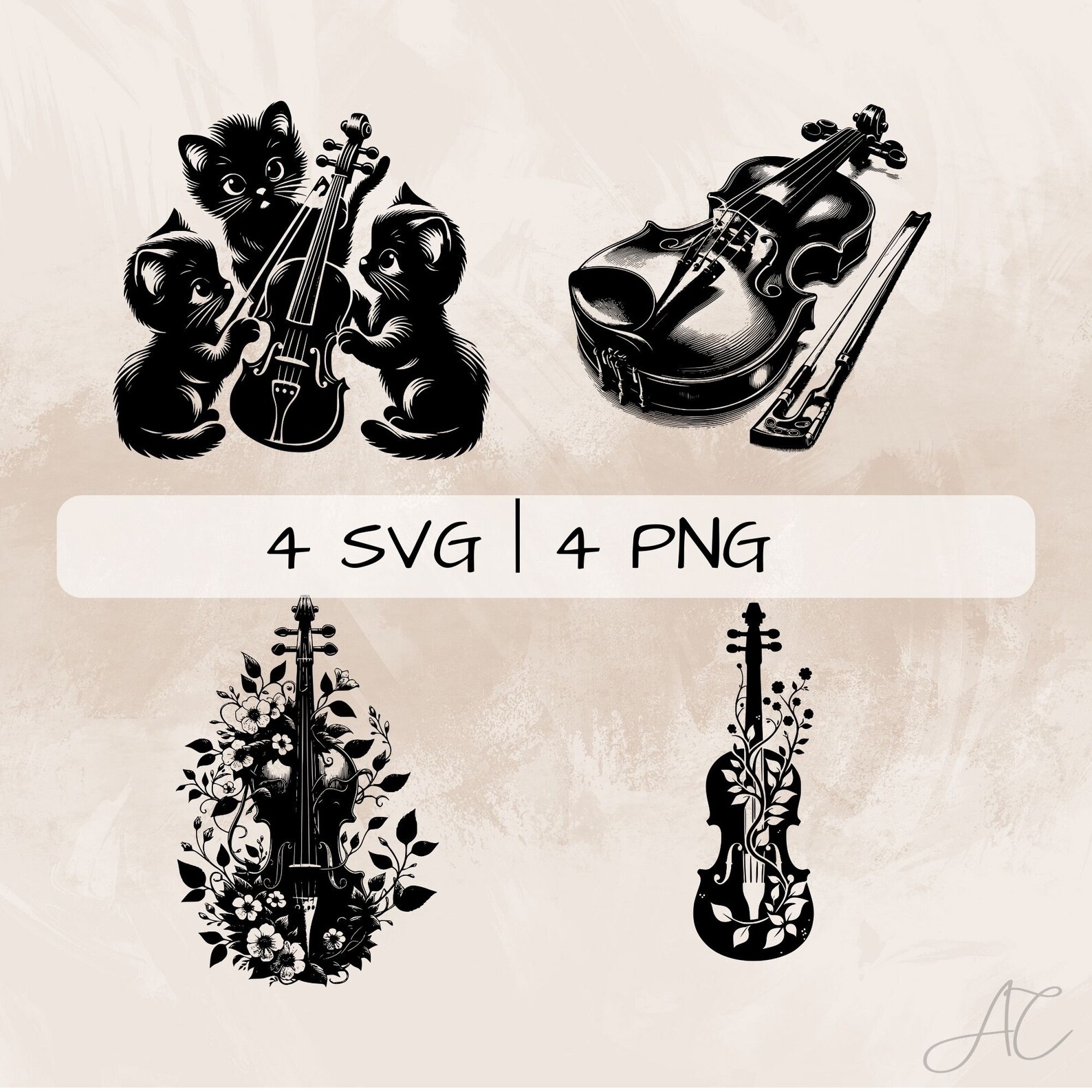 Violin SVG Bundle, Floral Violin PNG, Cat and Violin Clipart, Hand ...