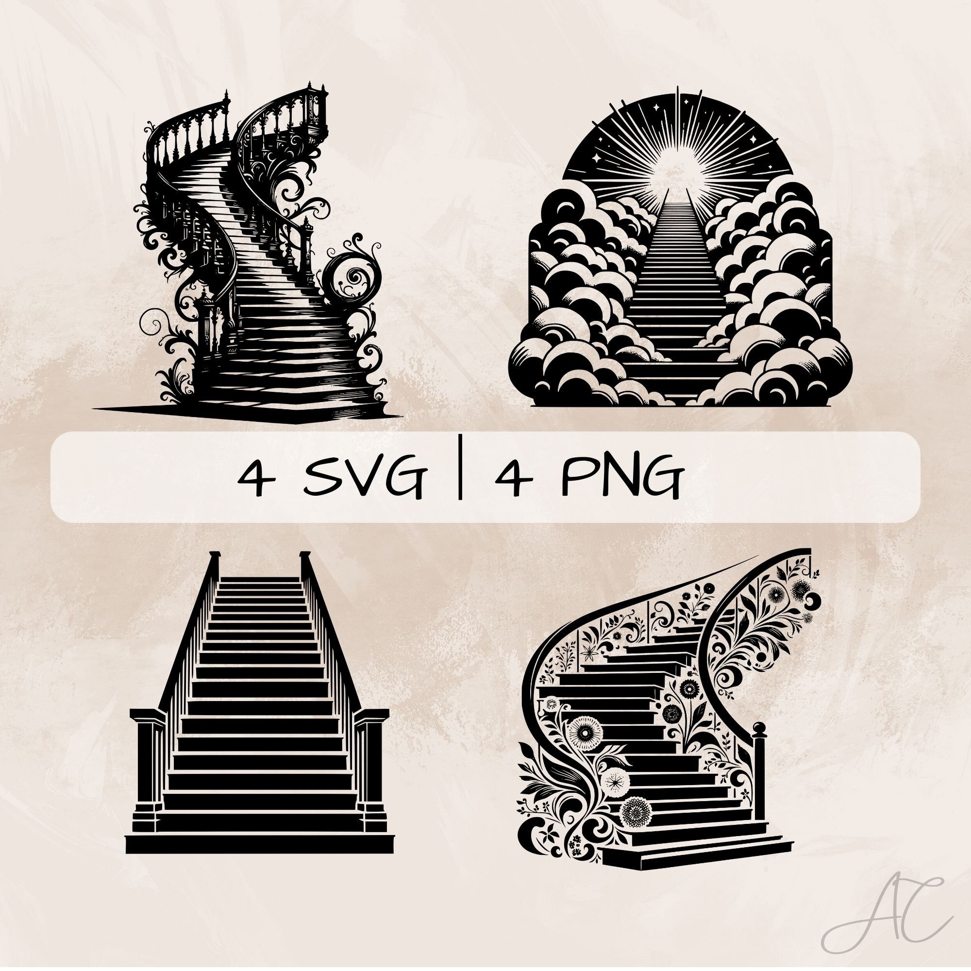Staircase SVG Bundle, Gothic Stairs PNG, Floral Staircase Clipart, Hand ...