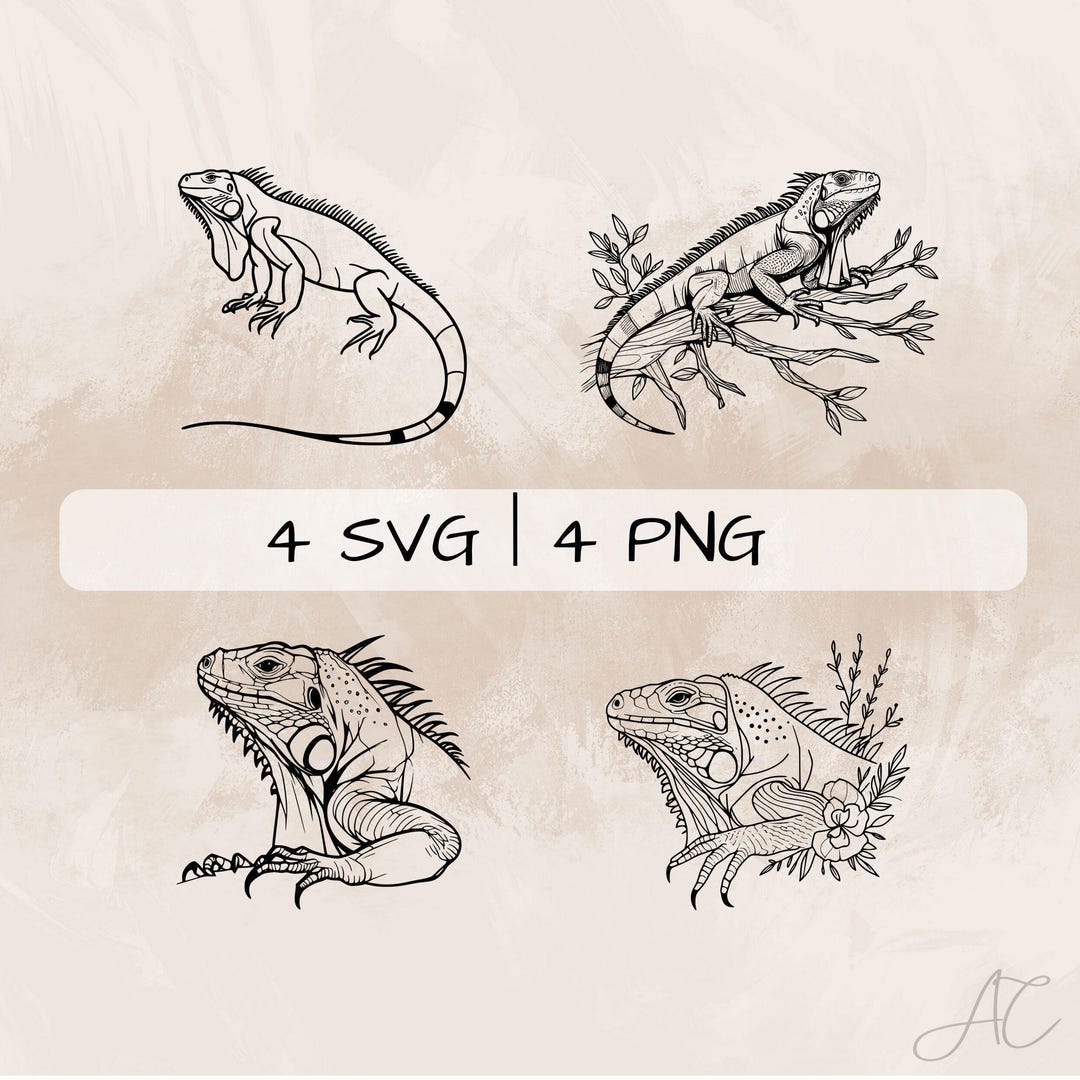 Iguana SVG Bundle, Iguana Line Art PNG, Floral Iguana Face Clipart ...