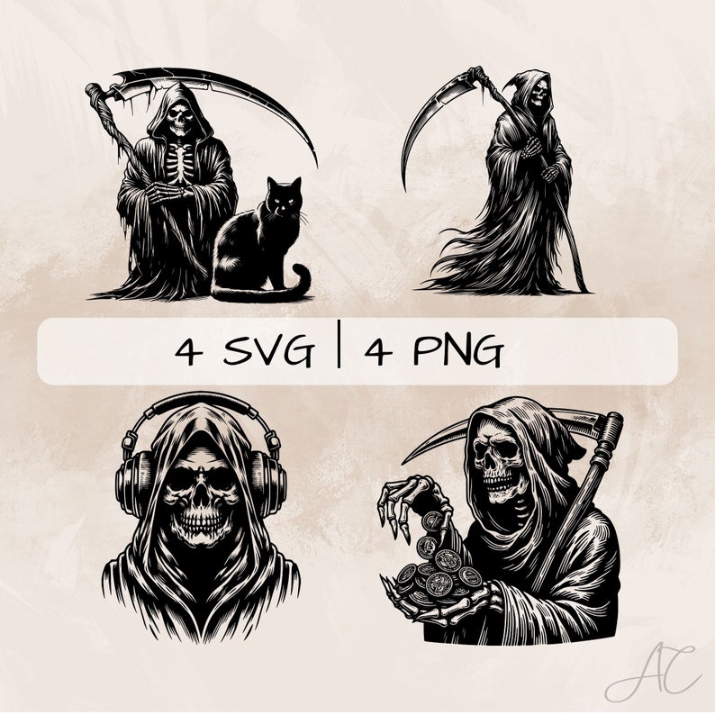 Grim Reaper SVG Bundle, Reaper PNG, Death Clipart, Hand Drawn Grim ...