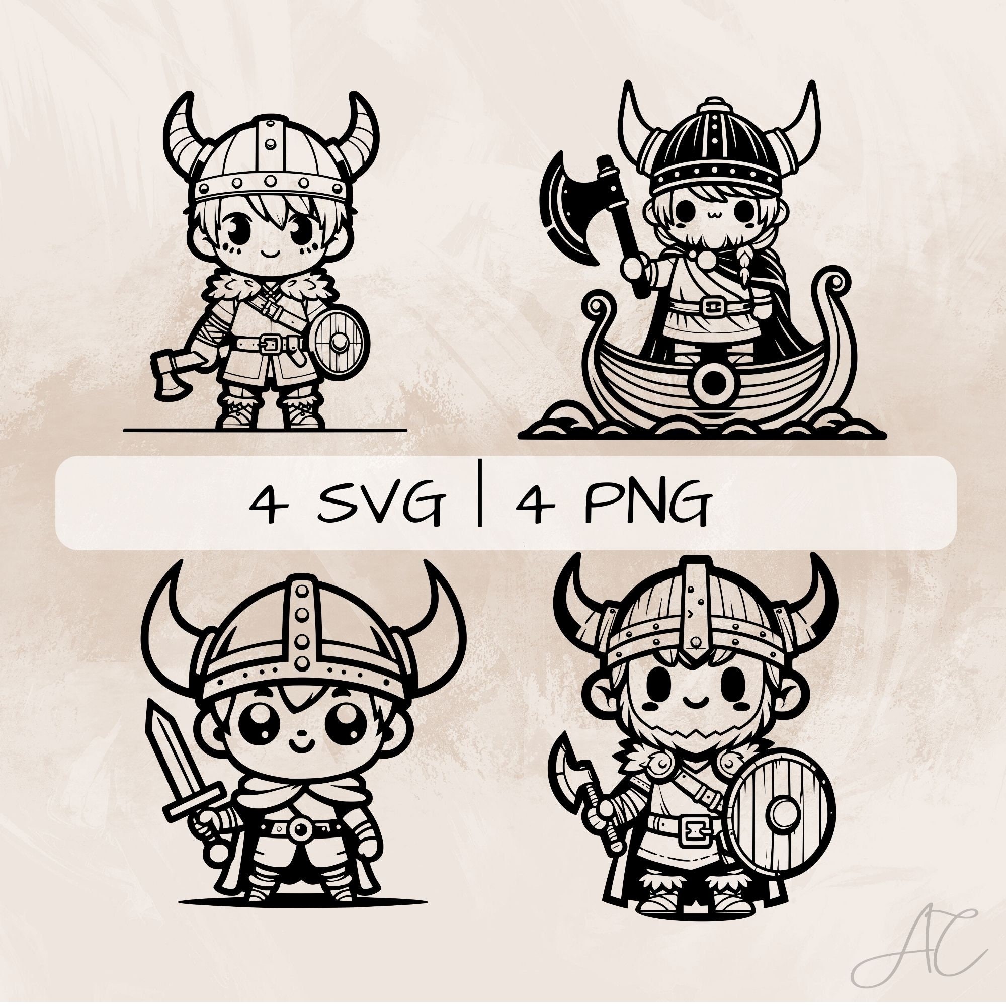 Cute Viking SVG & PNG Bundle,viking Clipart, Hand Drawn Cute Viking ...