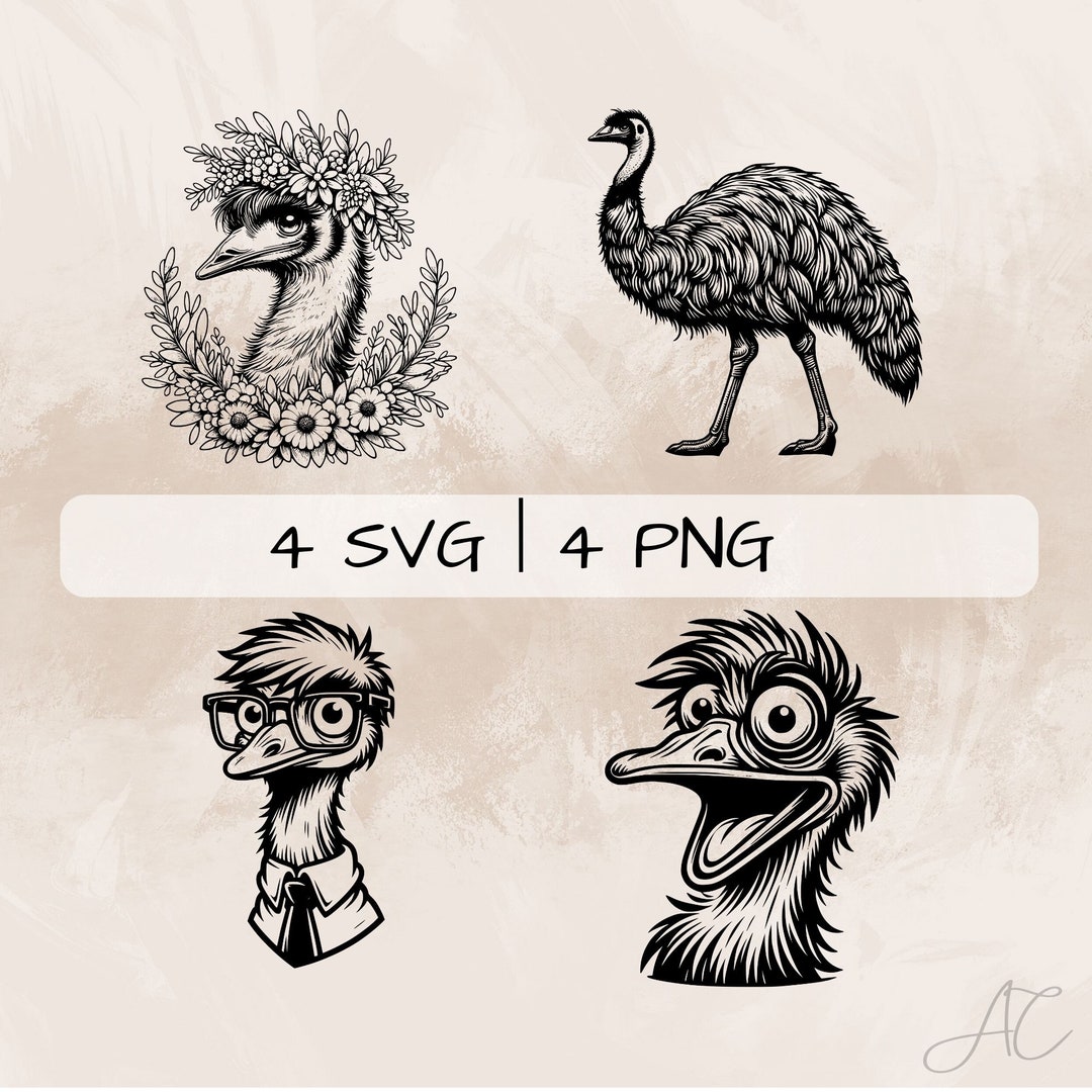 Emu SVG Bundle, Funny Emu PNG, Floral Emu Clipart, Hand Drawn Emu ...