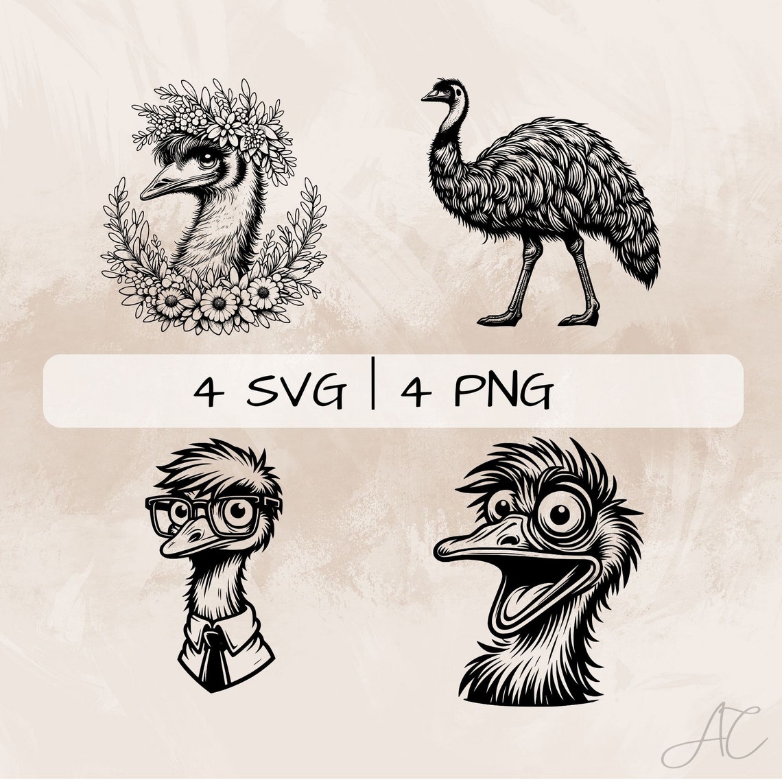 Emu SVG Bundle, Funny Emu PNG, Floral Emu Clipart, Hand Drawn Emu ...