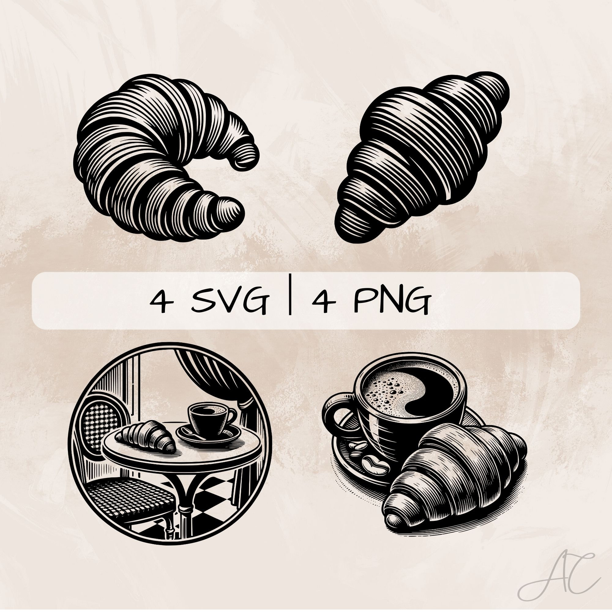 Croissant SVG Bundle, Croissant and Coffee PNG, Clipart, Hand Drawn ...