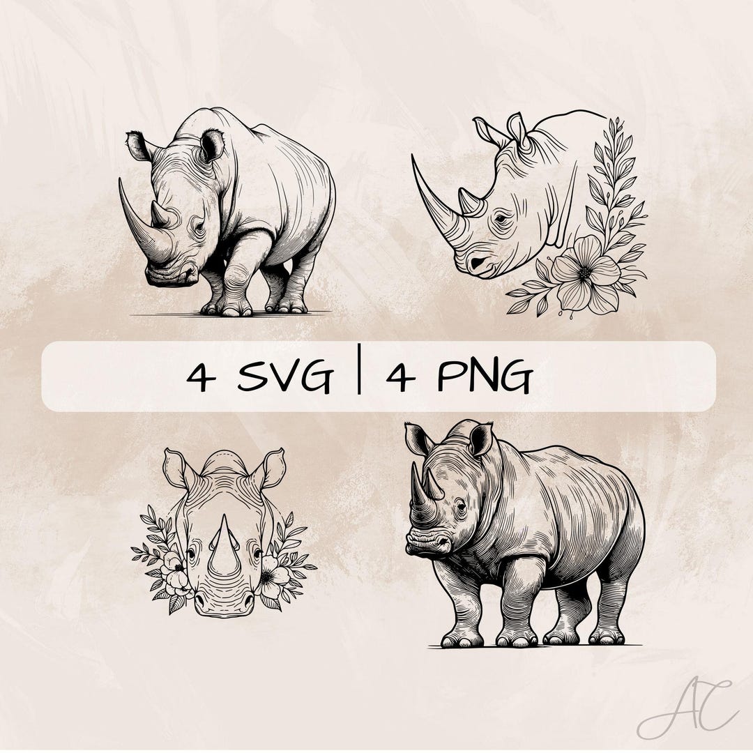 Delicate Rhinoceros SVG Bundle, Rhinoceros Line Art PNG, Floral ...