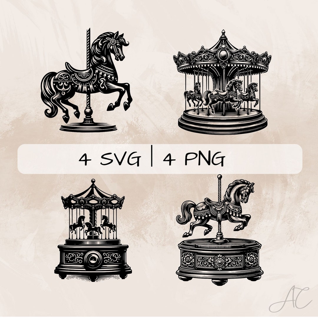 Horse Carousel SVG Bundle, Carousel PNG, Amusement Park Clipart, Hand ...