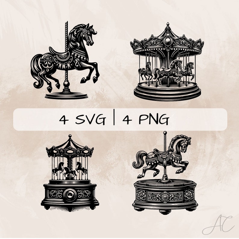 Horse Carousel SVG Bundle, Carousel PNG, Amusement Park Clipart, Hand ...