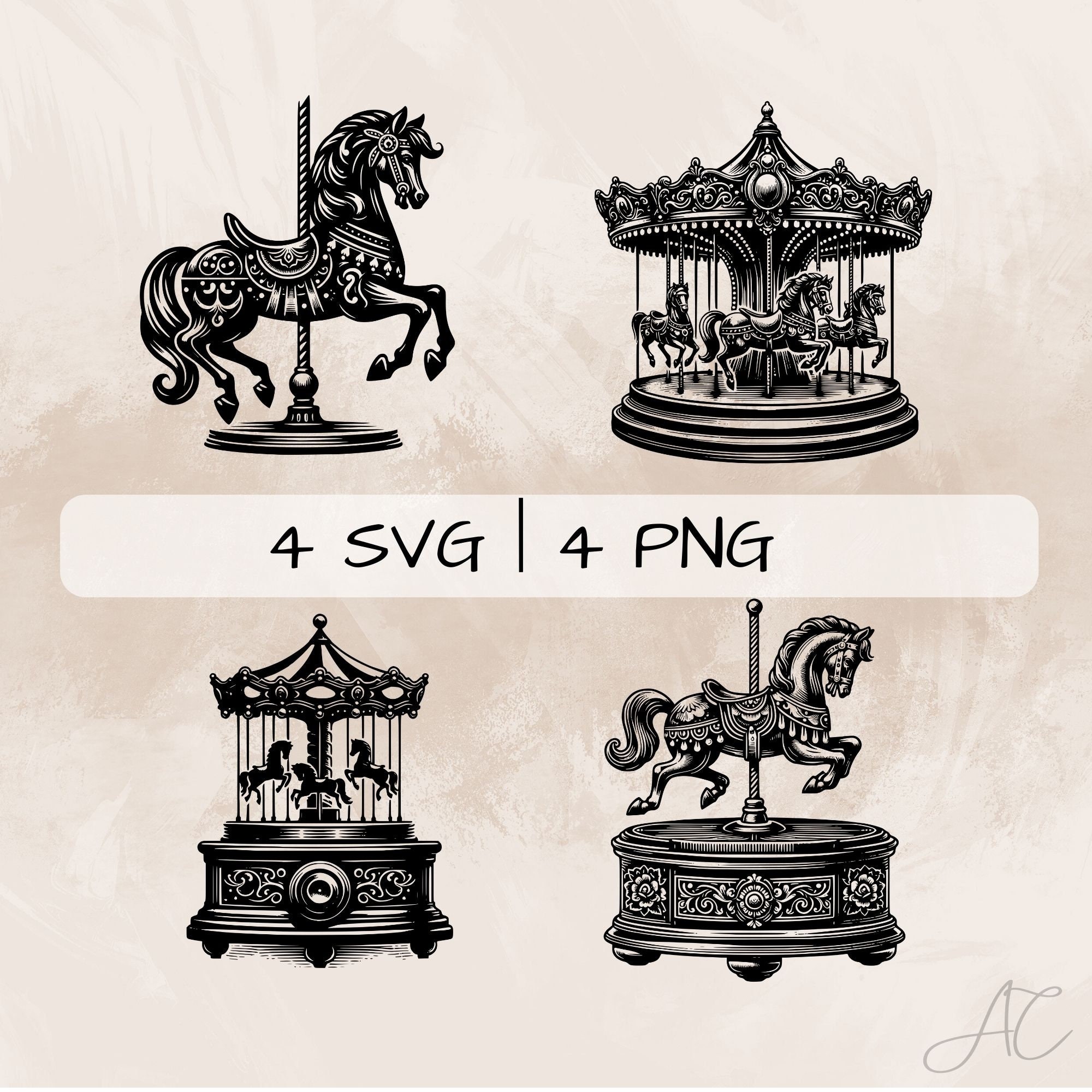 Horse Carousel SVG Bundle, Carousel PNG, Amusement Park Clipart, Hand ...
