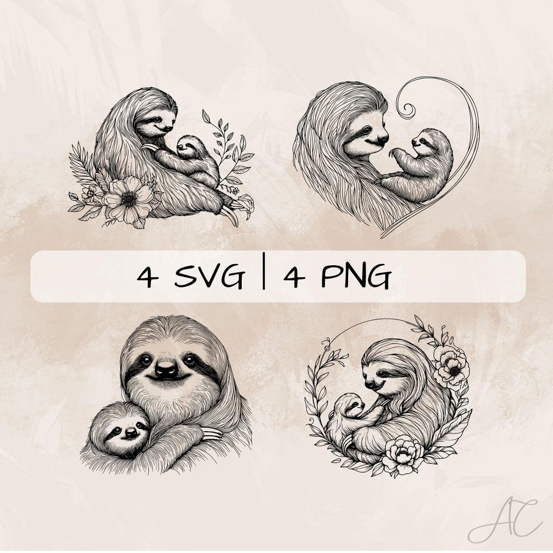 Sloth Mom SVG Bundle, Baby Sloth PNG, Sloth and Baby Clipart, Hand ...