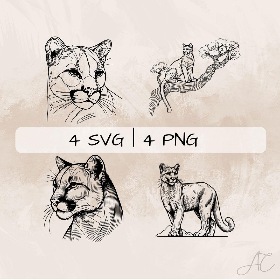 Delicate Cougar SVG Bundle, Cougar Line Art PNG, Cougar Face Clipart ...