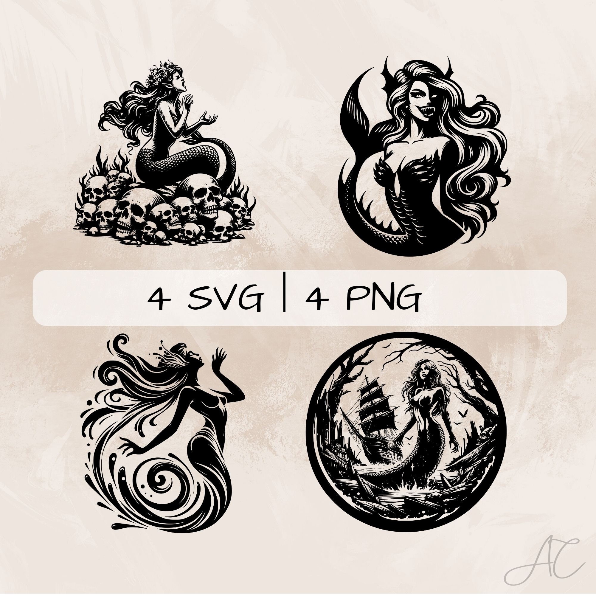 Siren SVG Bundle, Siren and Skulls PNG, Singing Siren Clipart, Hand ...