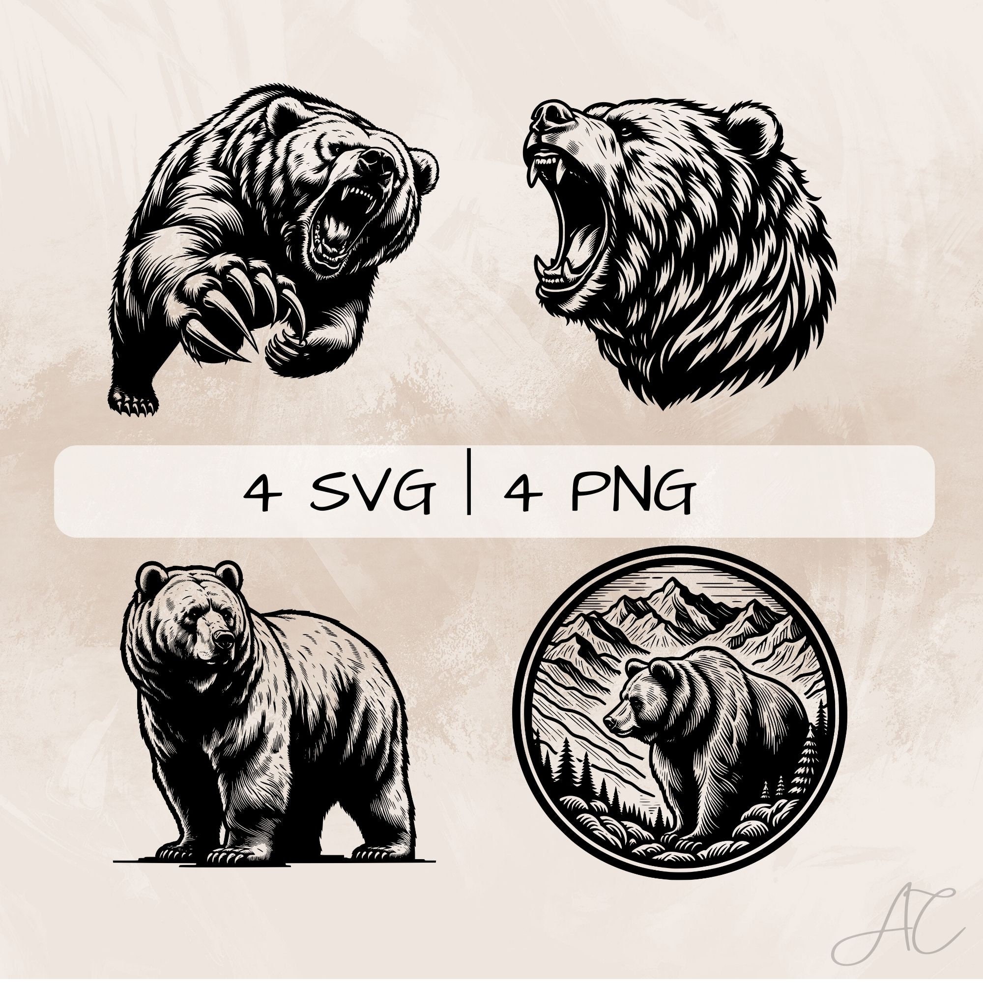 Bear SVG Bundle, Bear Growling PNG, Bear and Mountains Clipart, Hand Drawn Bear Pictures for ...