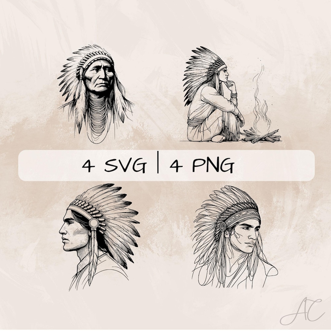 Indian Chief SVG Bundle, Native American PNG , Chief Clipart, Hand ...