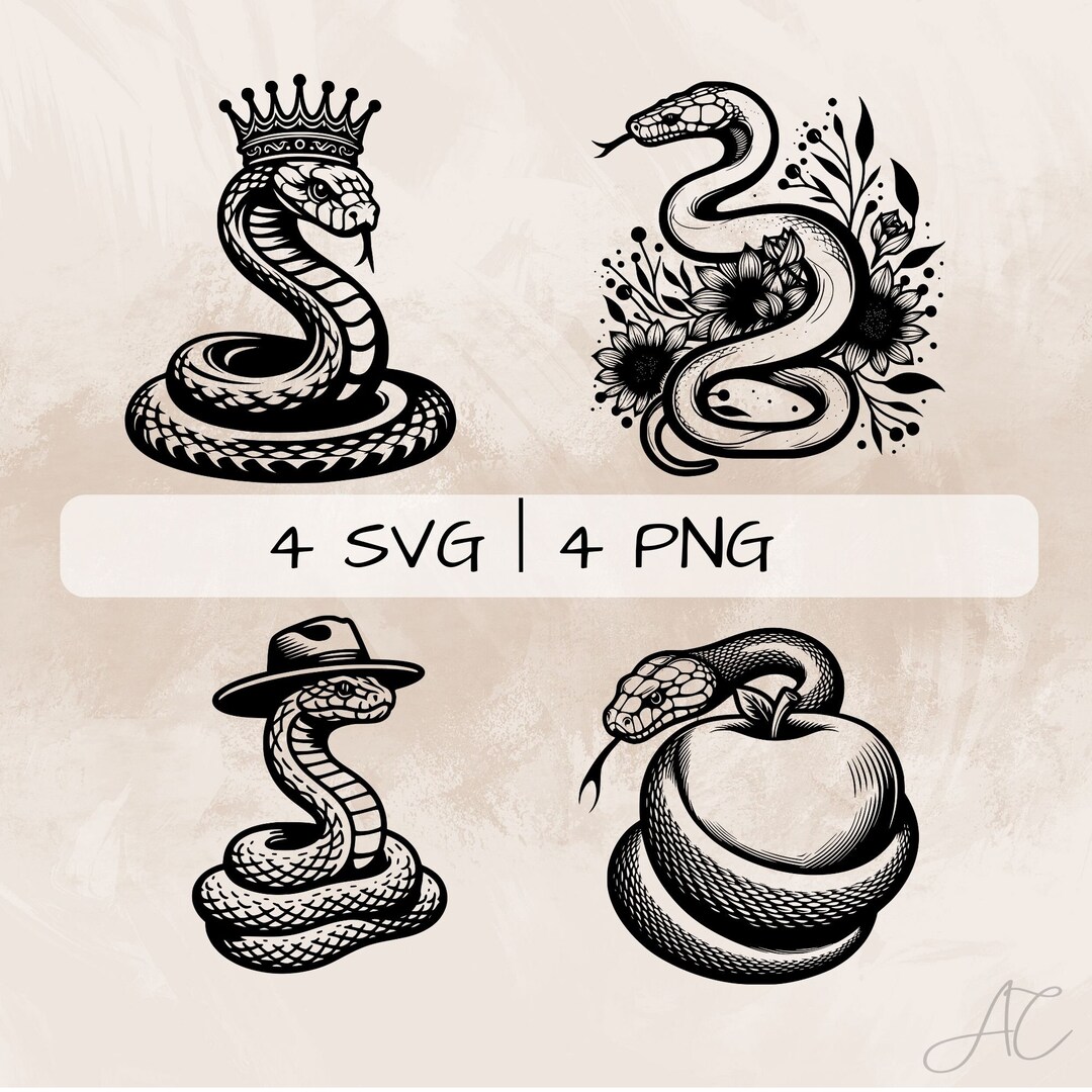 Snake SVG & PNG Bundle,snake With Crown Clipart, Hand Drawn Snake ...