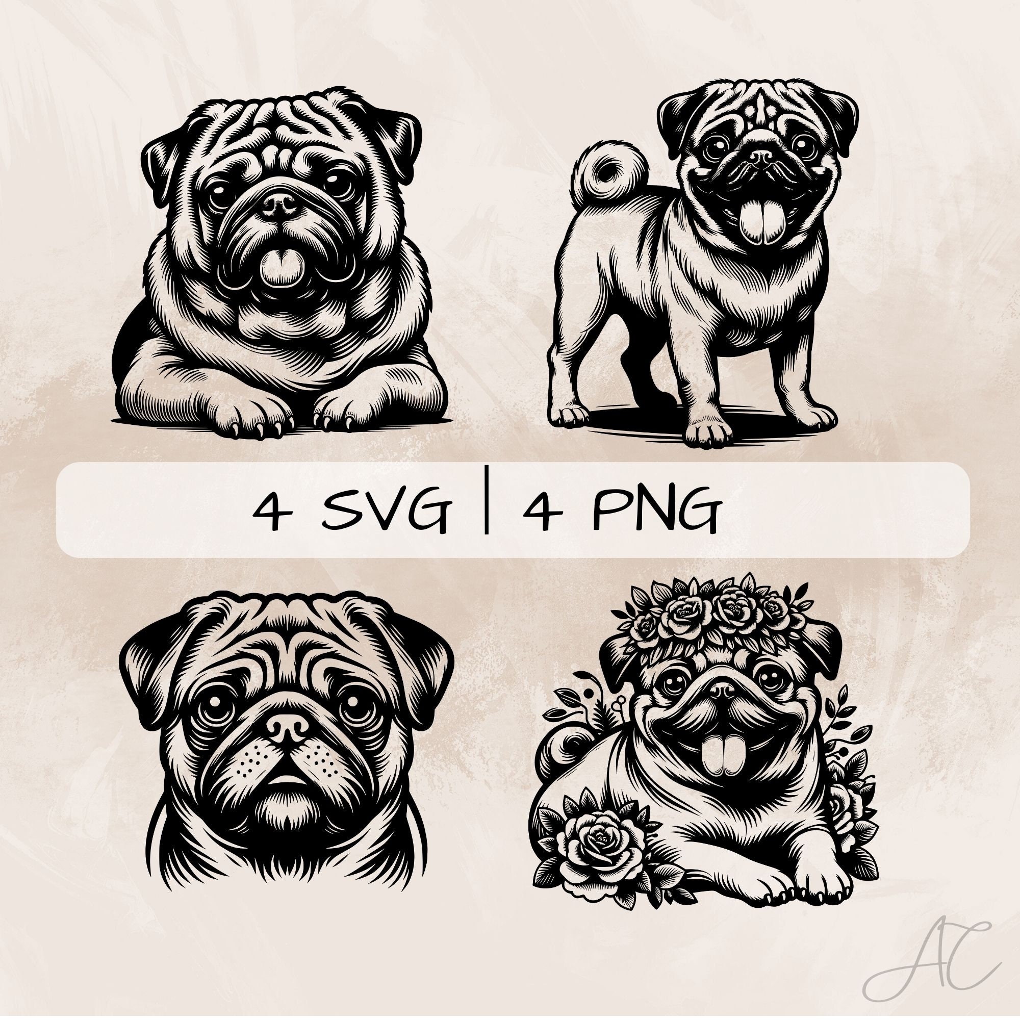Pug SVG, Pug Face PNG, Floral Pug Clipart, Hand Drawn Pug Pictures for ...