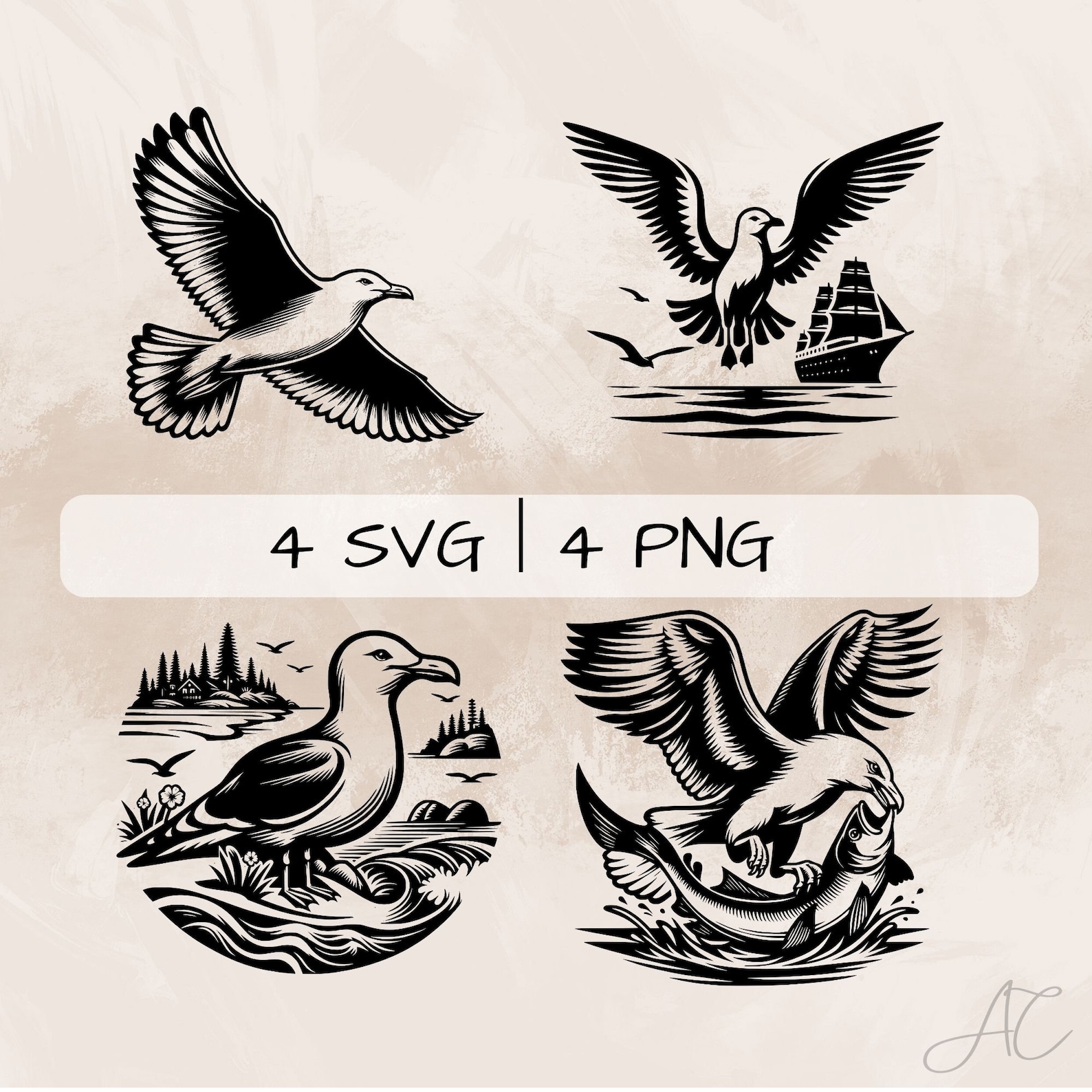 Seagull SVG, Seagull and Ship PNG, Seagull on Island Clipart, Hand ...