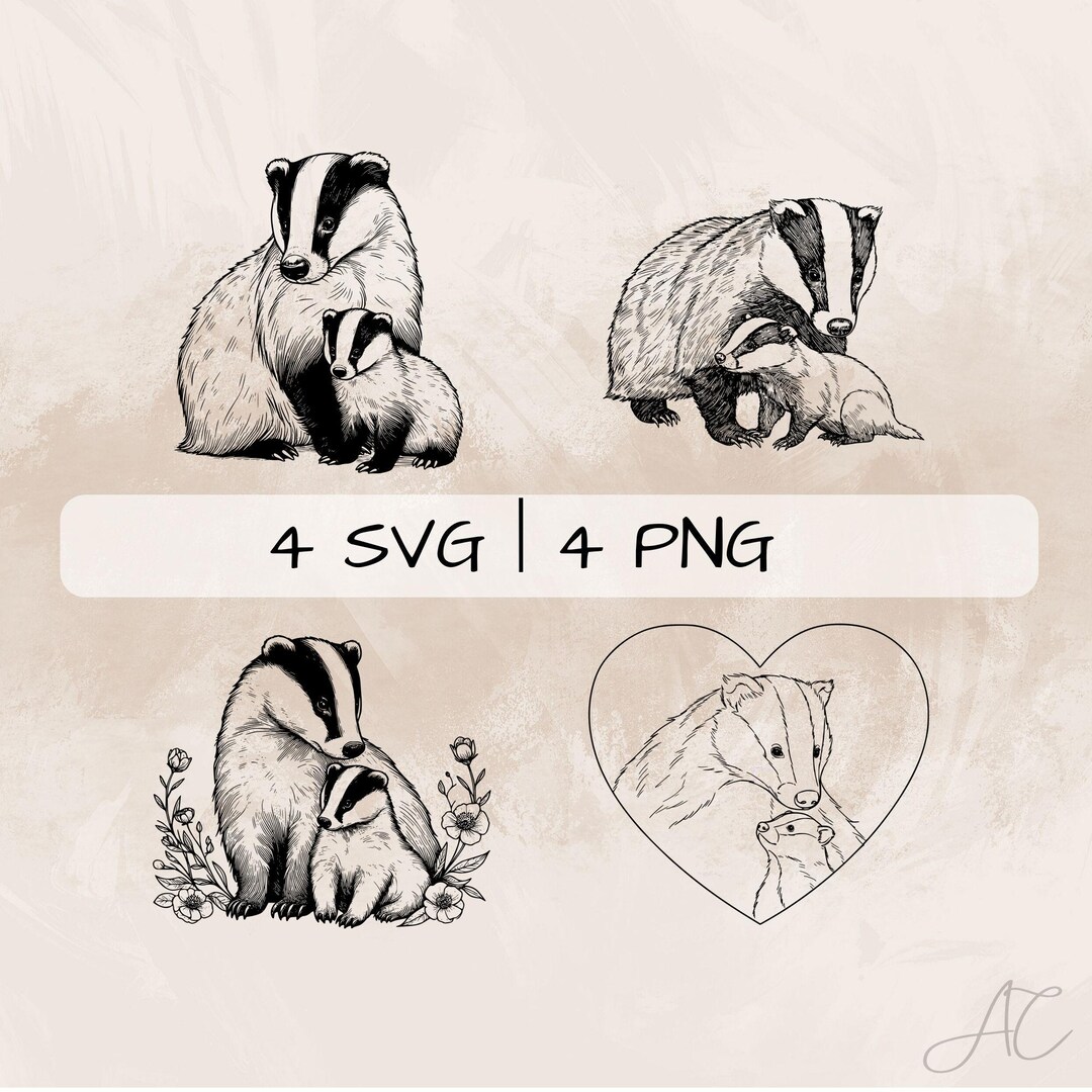 Badger SVG Bundle, Badger Mom PNG ,badger Cub Clipart, Hand Drawn ...