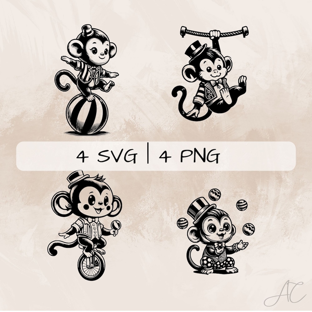 Circus Monkey SVG Bundle, Circus PNG, Monkey Clipart, Hand Drawn Circus ...