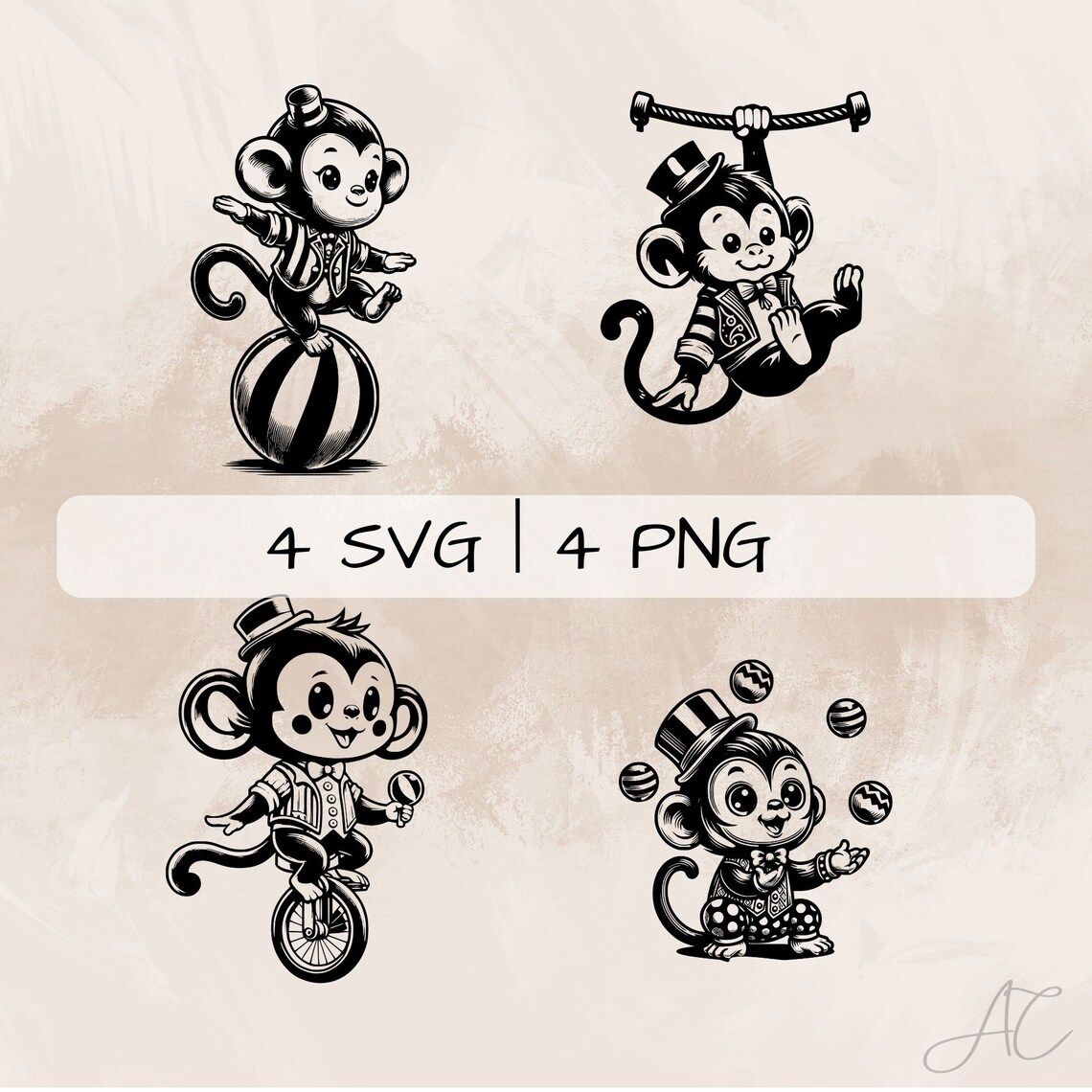 Circus Monkey SVG Bundle, Circus PNG, Monkey Clipart, Hand Drawn Circus ...