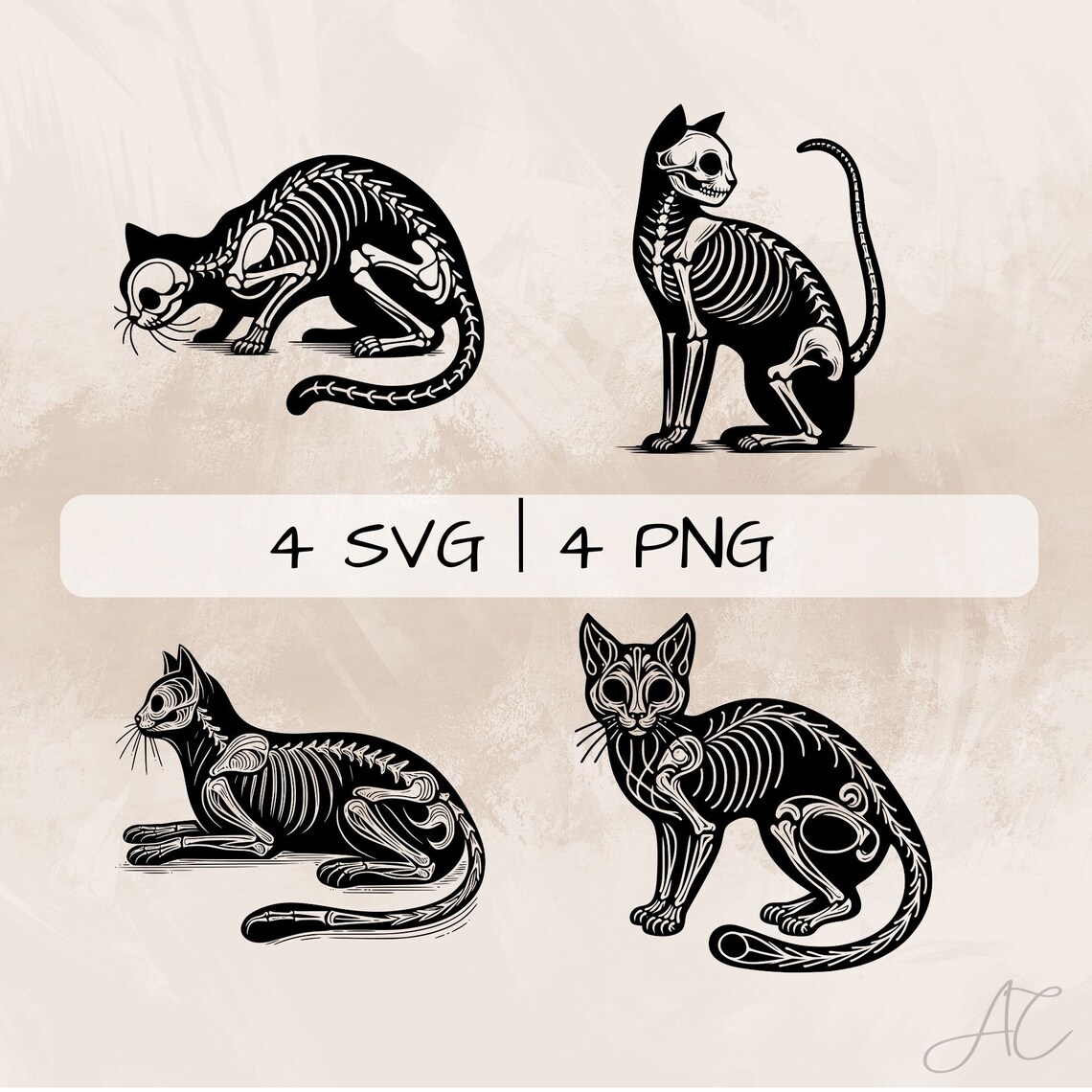 Skeleton Cat SVG Bundle, Cat Skeleton PNG, Cat Clipart, Hand Drawn ...