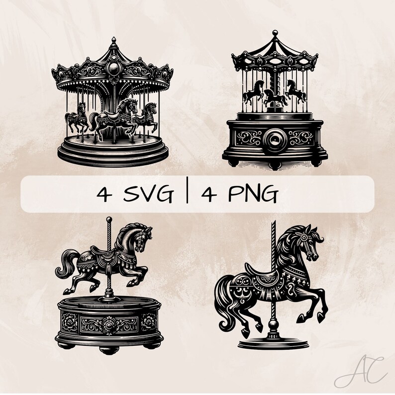 Horse Carousel SVG Bundle, Carousel PNG, Amusement Park Clipart, Hand ...