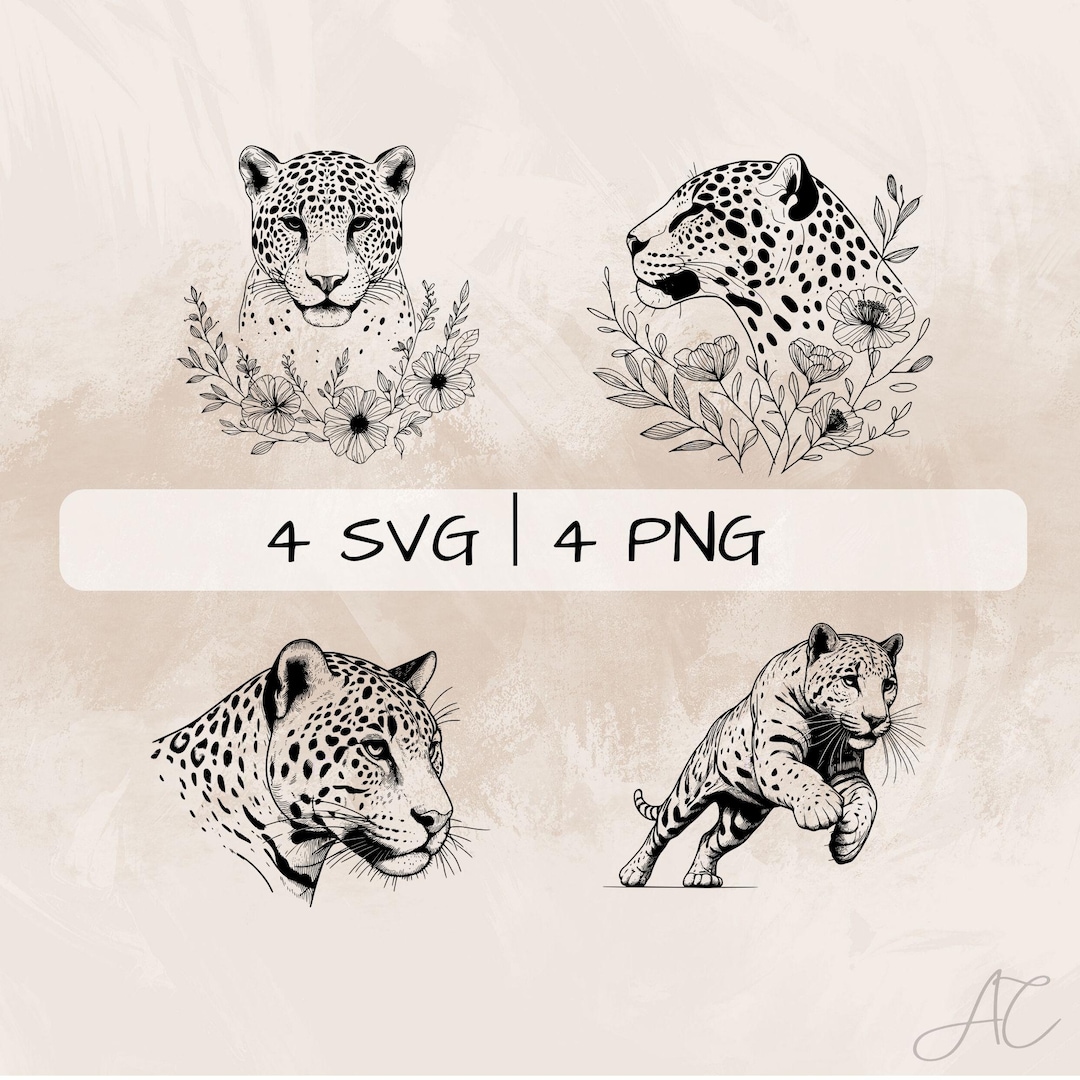 Delicate Jaguar SVG Bundle, Jaguar Line Art PNG, Jaguar and Flowers ...