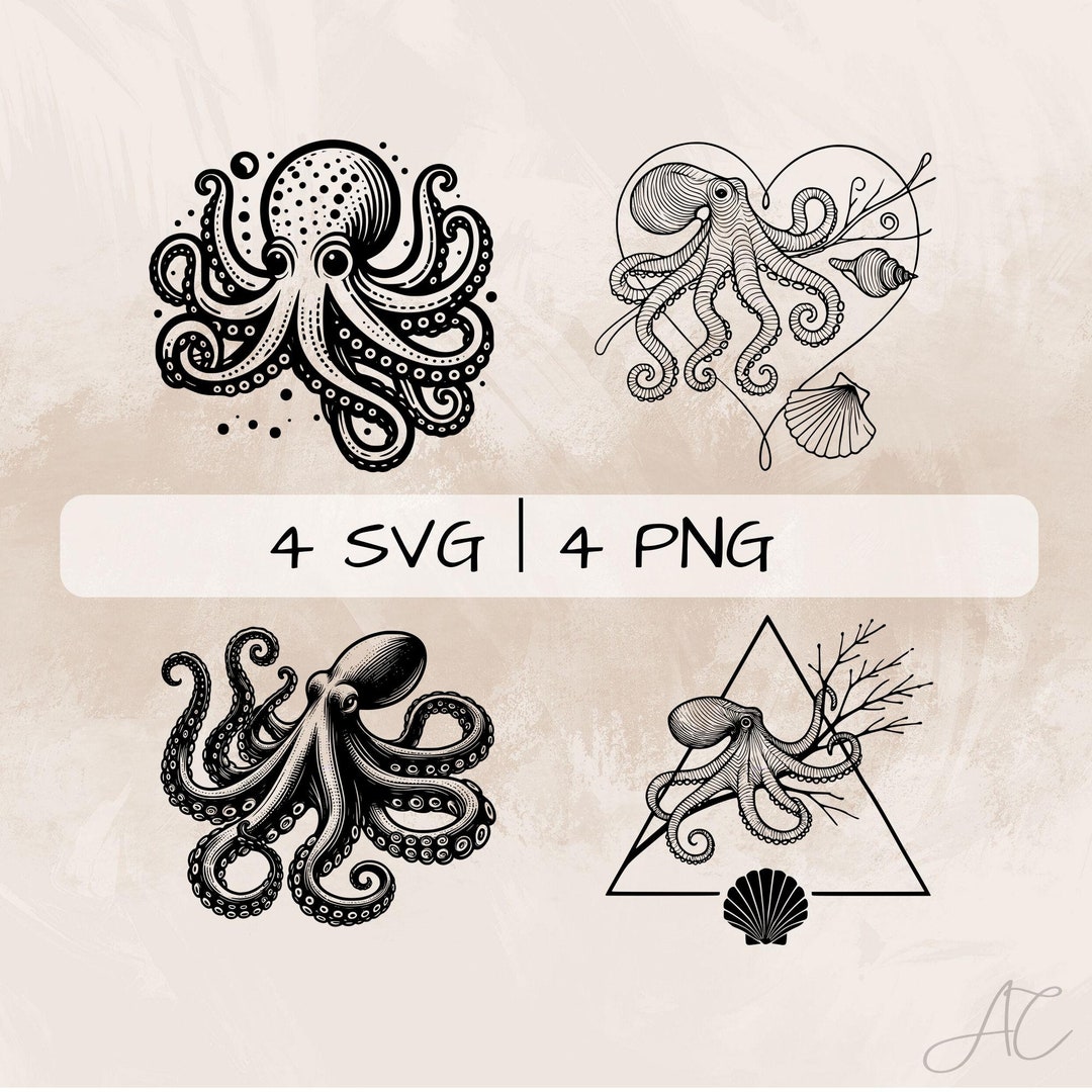 Octopus SVG Bundle, Octopus PNG, Delicate Octopus Clipart, Hand Drawn ...