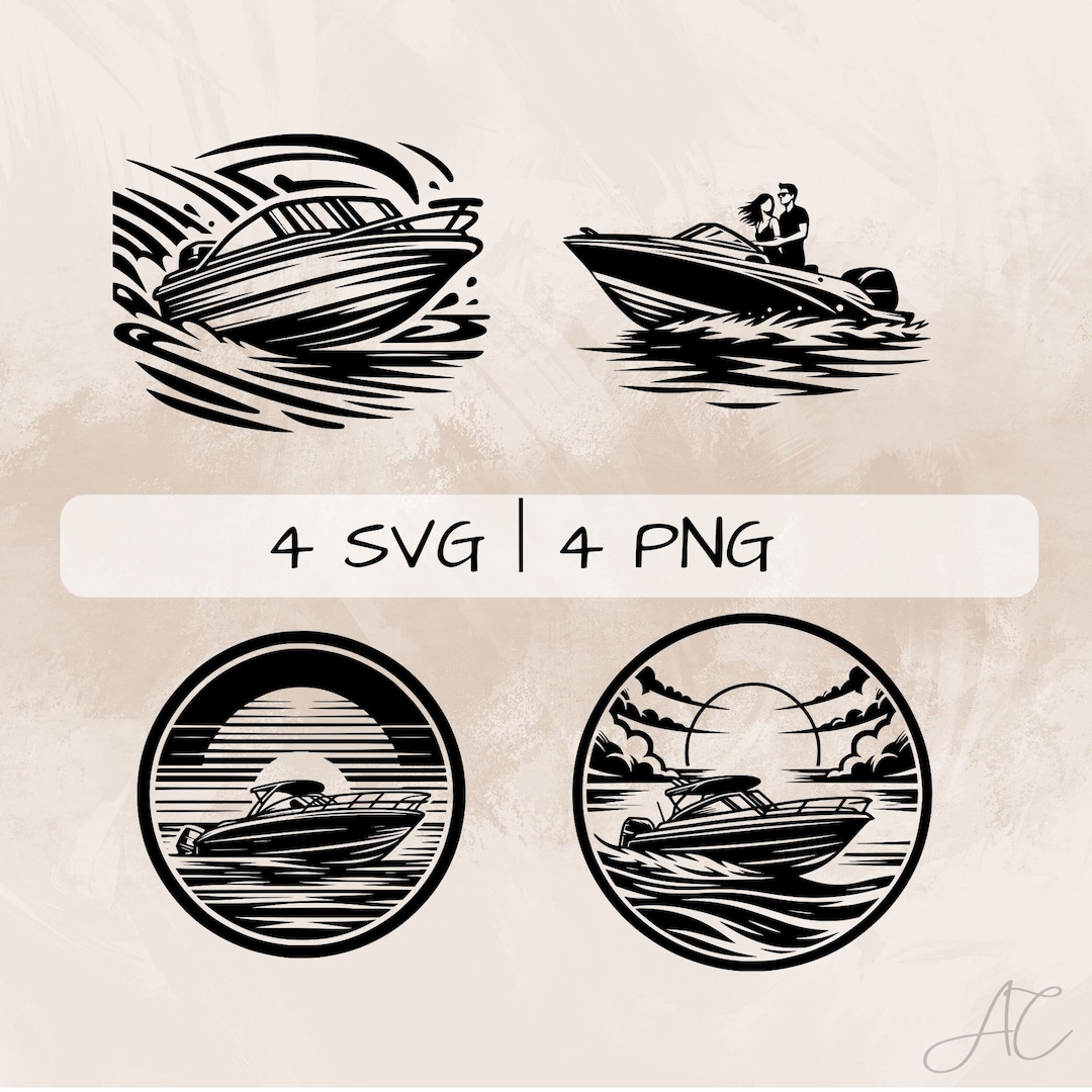Motorboat SVG Bundle, Speedboat PNG, Motorboat and Sunset Clipart, Hand ...