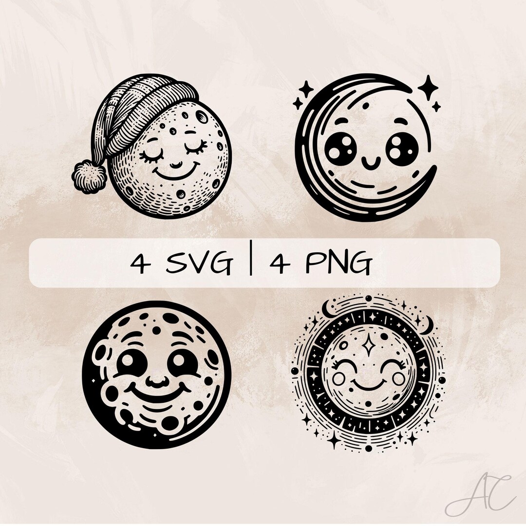 Moon SVG Bundle, Smiling Moon PNG ,laughing Moon Clipart, Hand Drawn ...