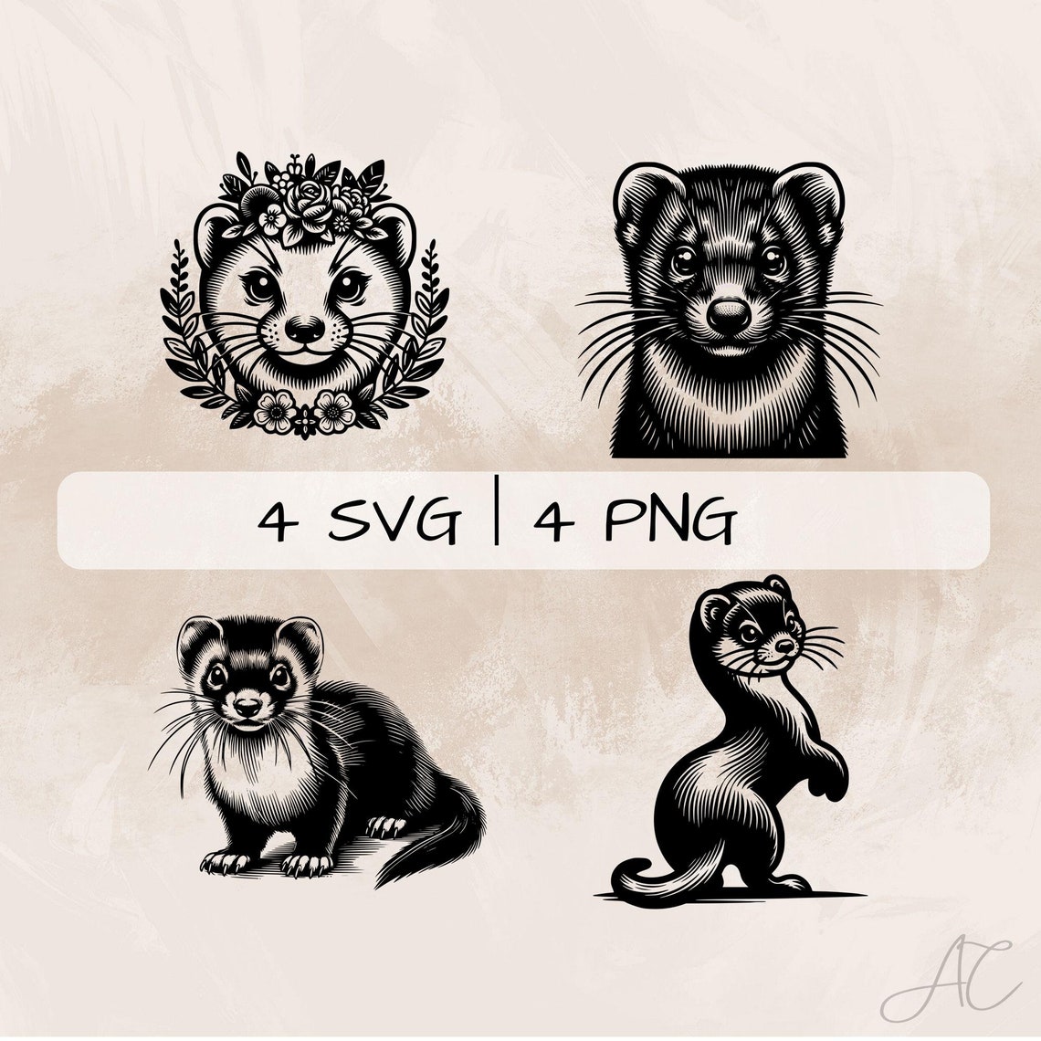Weasel SVG Bundle, Weasel and Flowers PNG, Weasel Face Clipart, Hand ...
