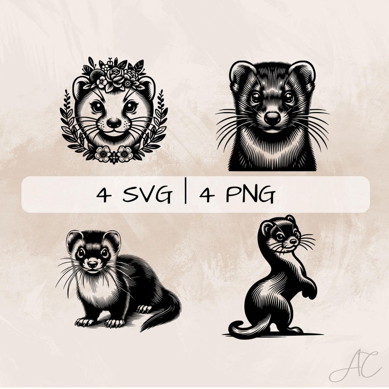 Weasel SVG Bundle, Weasel and Flowers PNG, Weasel Face Clipart, Hand ...