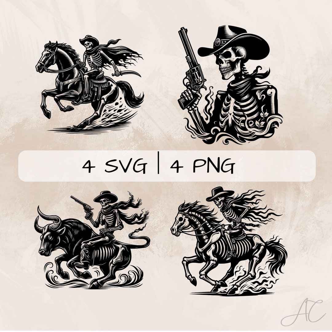 Skeleton Cowboy SVG, Skeleton Rodeo PNG, Skeleton Horse Clipart, Hand ...