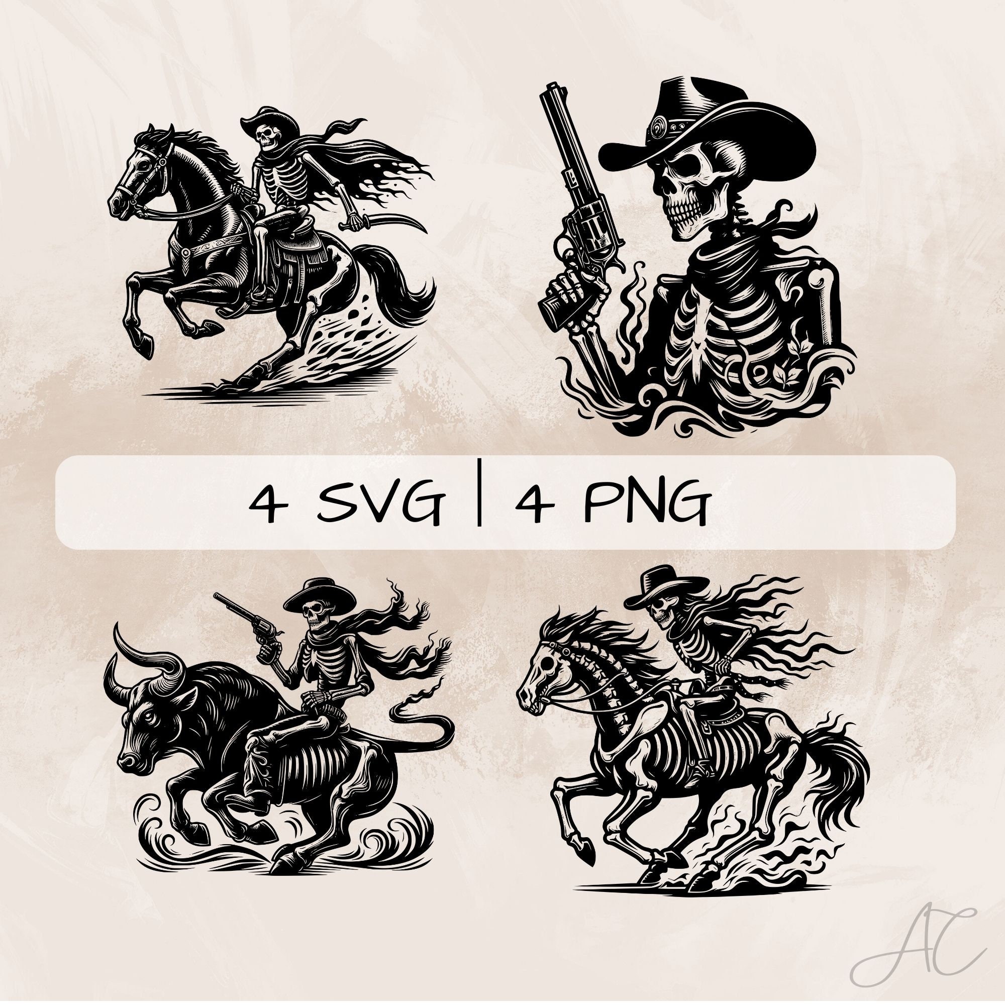 Skeleton Cowboy SVG, Skeleton Rodeo PNG, Skeleton Horse Clipart, Hand ...